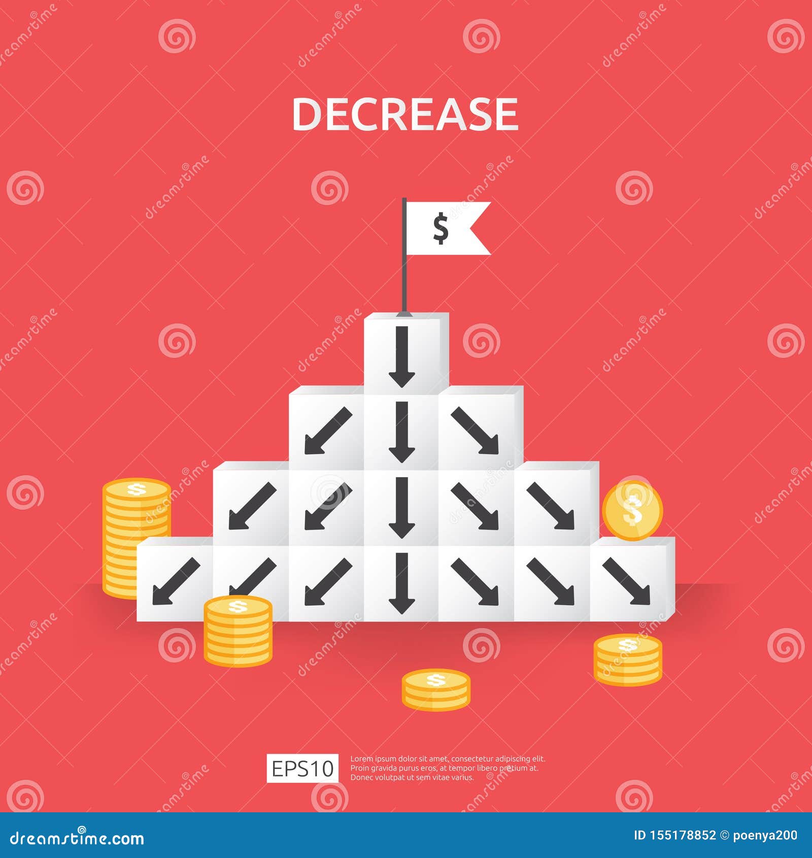 Business Crisis Concept. Money Fall Down with Arrow Decrease Symbol on Stacking Block Stock ...