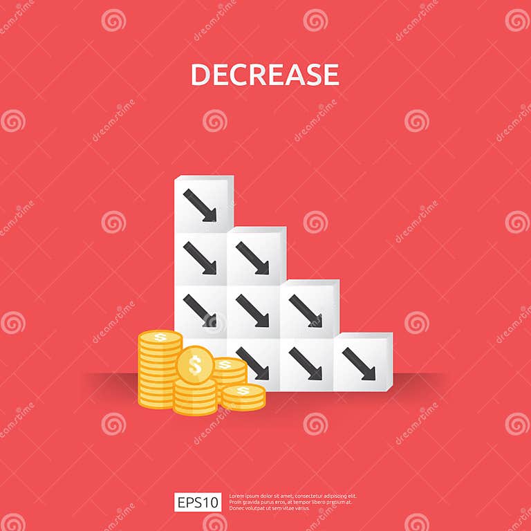 Business Crisis Concept. Money Fall Down with Arrow Decrease Symbol on Stacking Block Stock ...