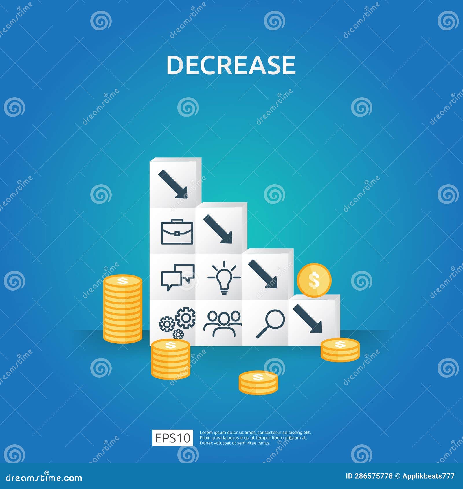 Business Crisis Concept. Money Fall Down with Arrow Decrease Symbol on Stacking Block Stock ...