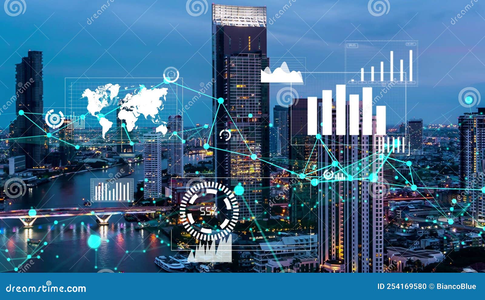 Business Data Analytic Interface Fly Over Smart City Showing Alteration ...