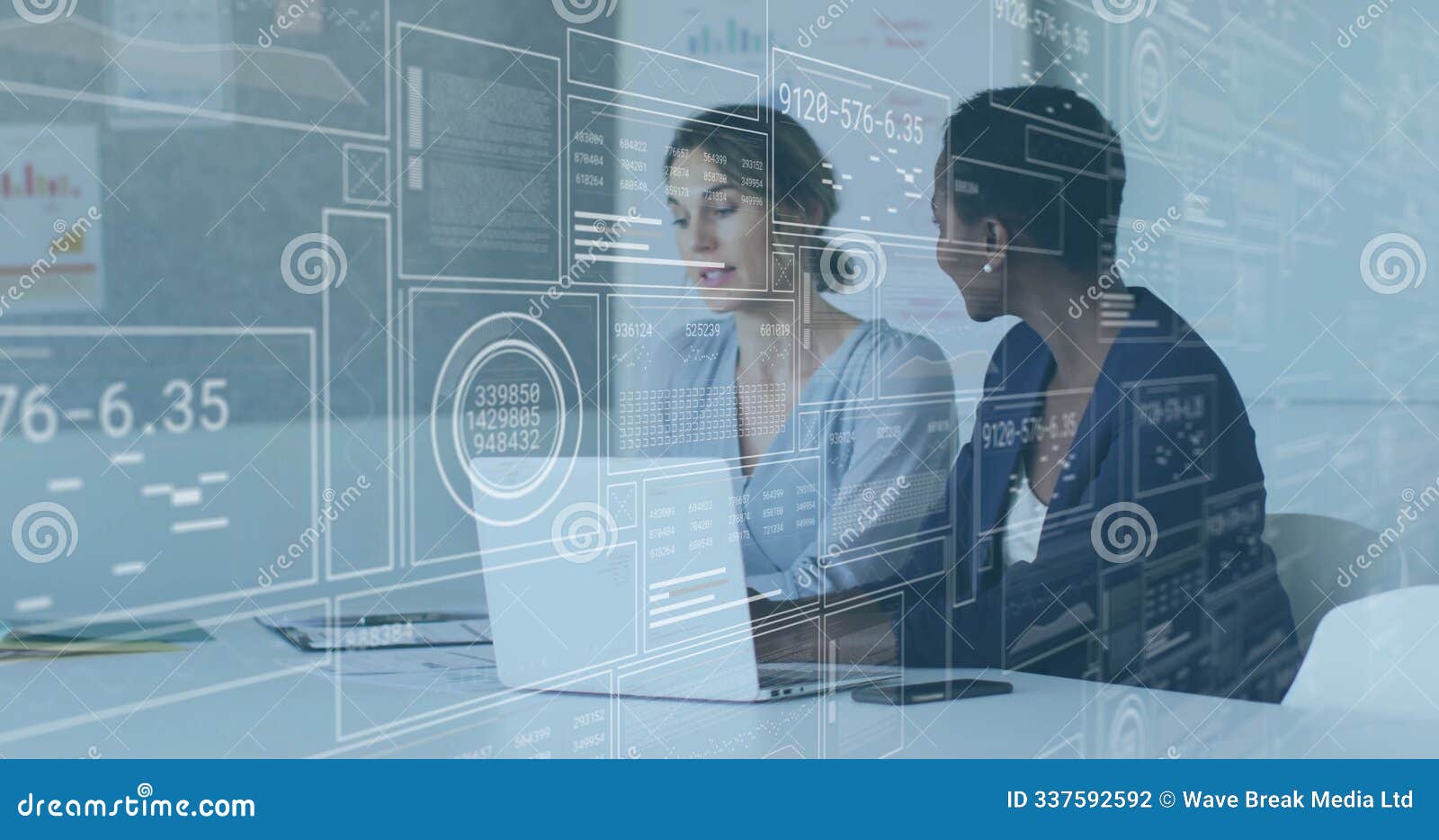 Business Data Analytics Image Over Two Women Discussing in Office Stock ...