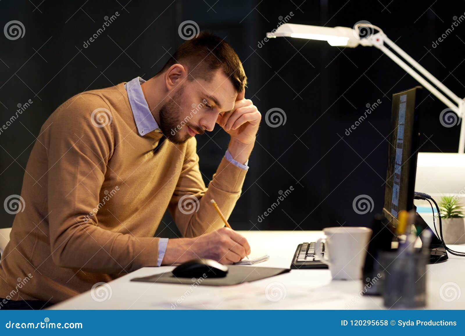 Man with Notepad Working at Night Office Stock Photo - Image of night ...