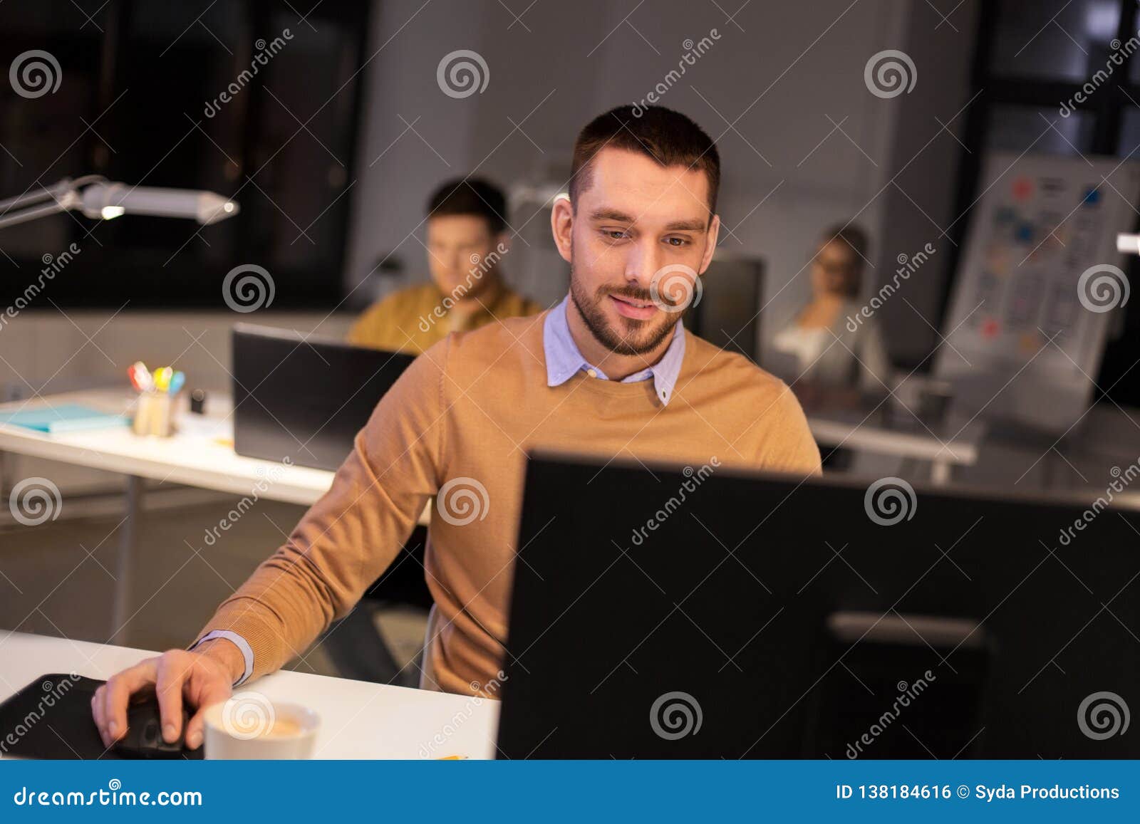 Man with Computer Working Late at Night Office Stock Photo - Image of ...