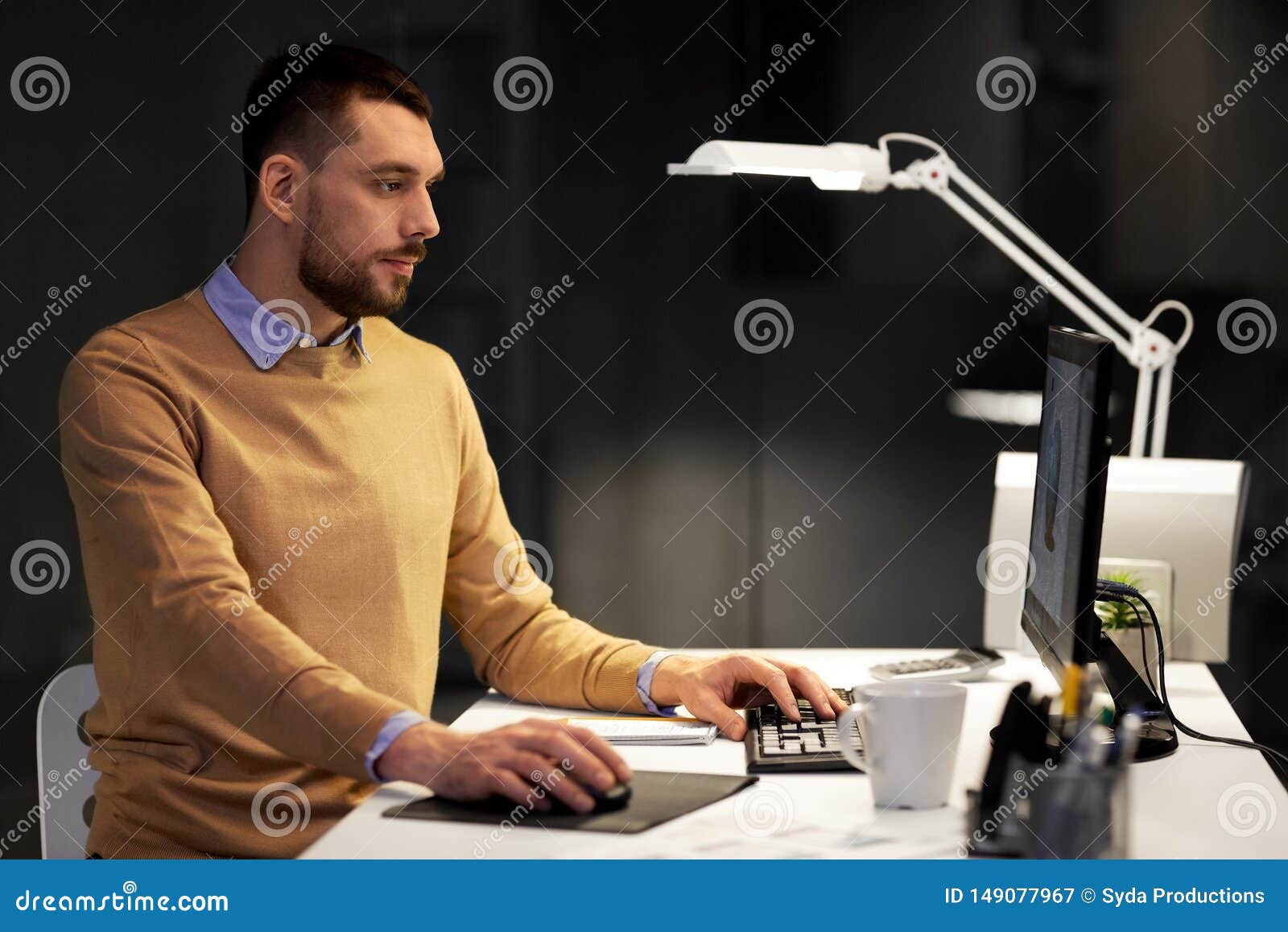 Man with Computer Working Late at Night Office Stock Image - Image of ...