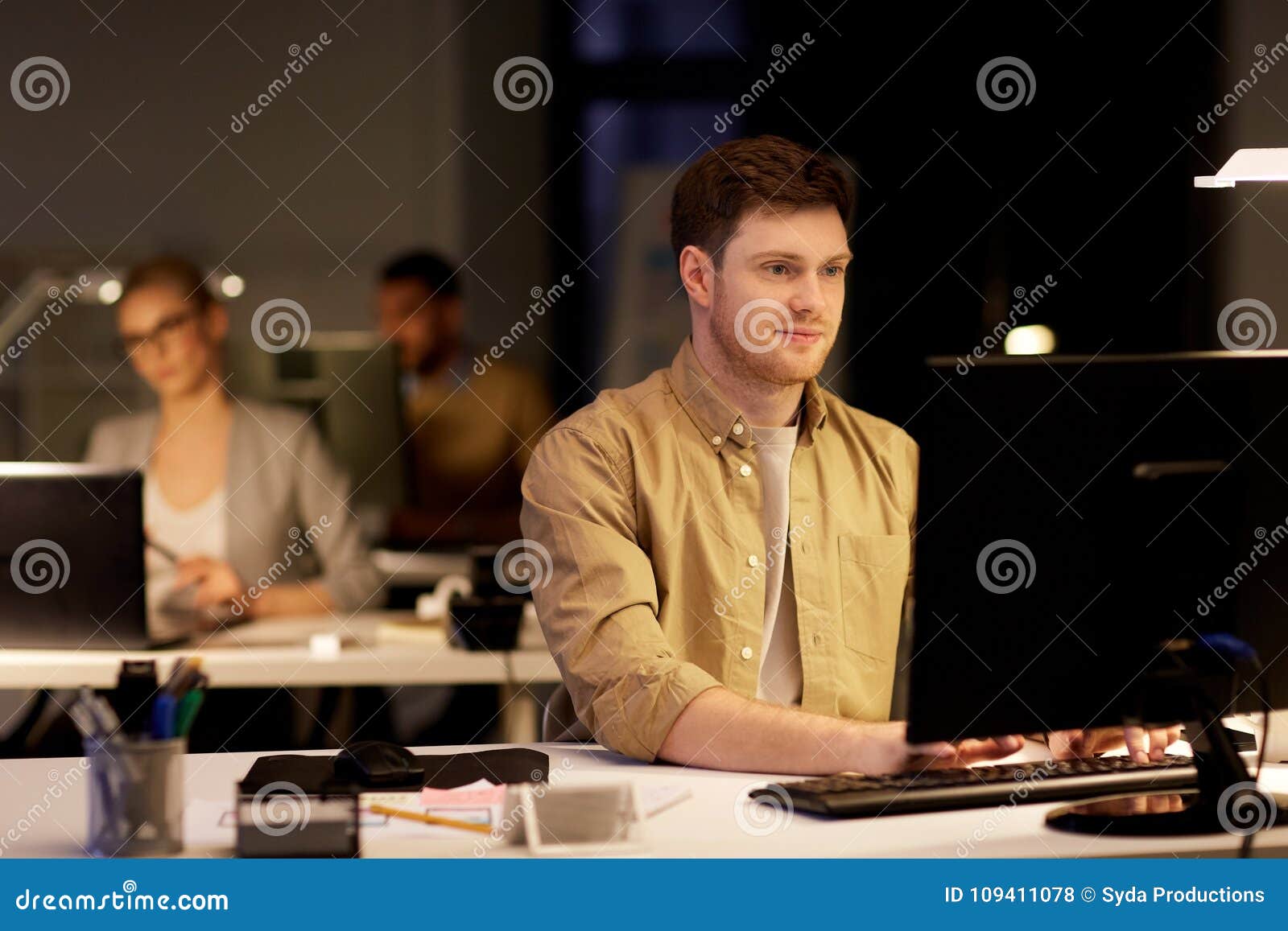 Man with Computer Working Late at Night Office Stock Photo - Image of ...