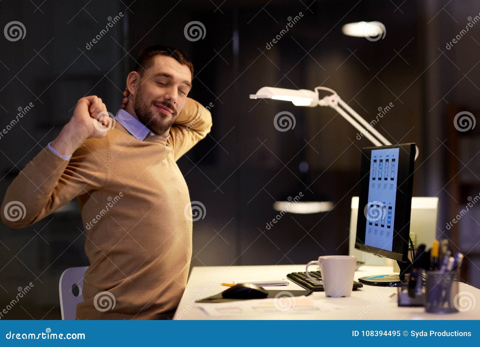 Man with Computer Working Late at Night Office Stock Image - Image of ...