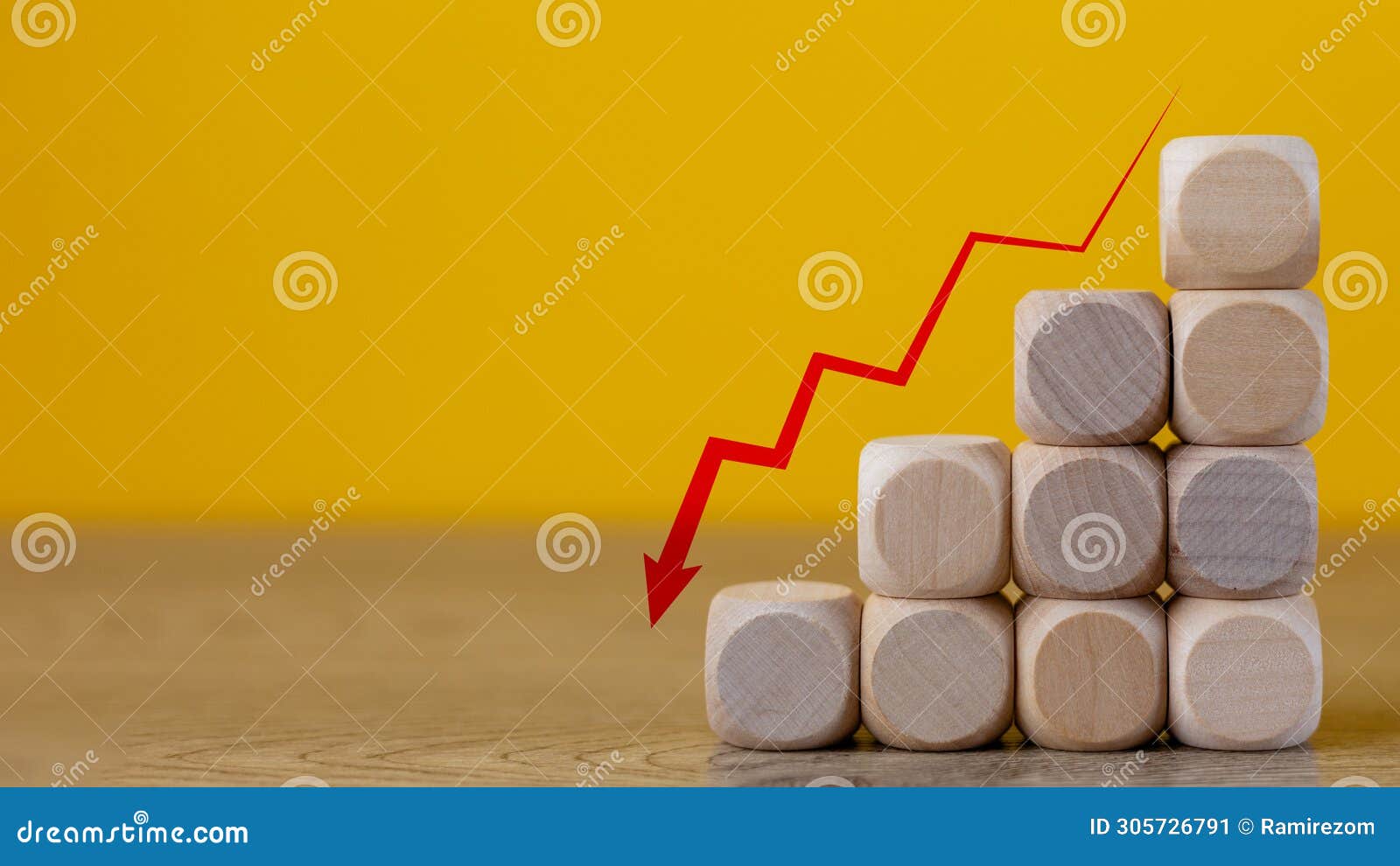 Business Decrease Concept Abstract Yellow Background. Red Arrow and Wooden Stairs Bock Stock ...
