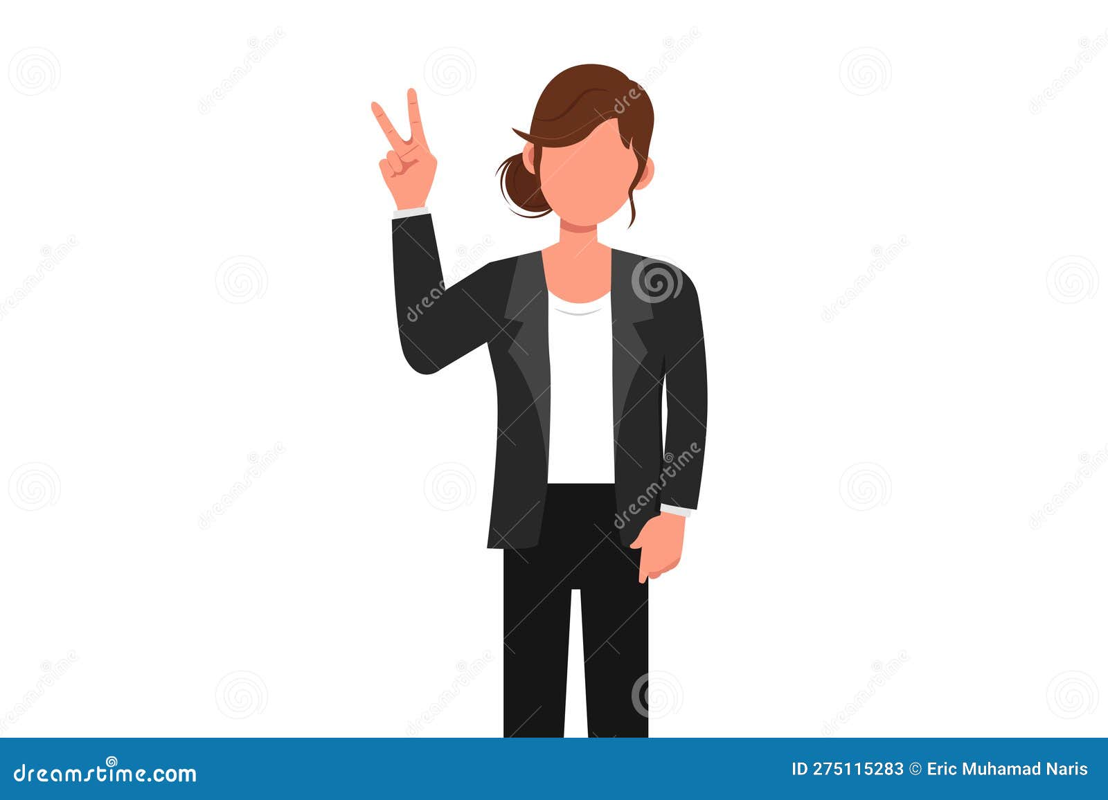 Business Design Drawing Of Smiling Woman Showing Victory Sign Young