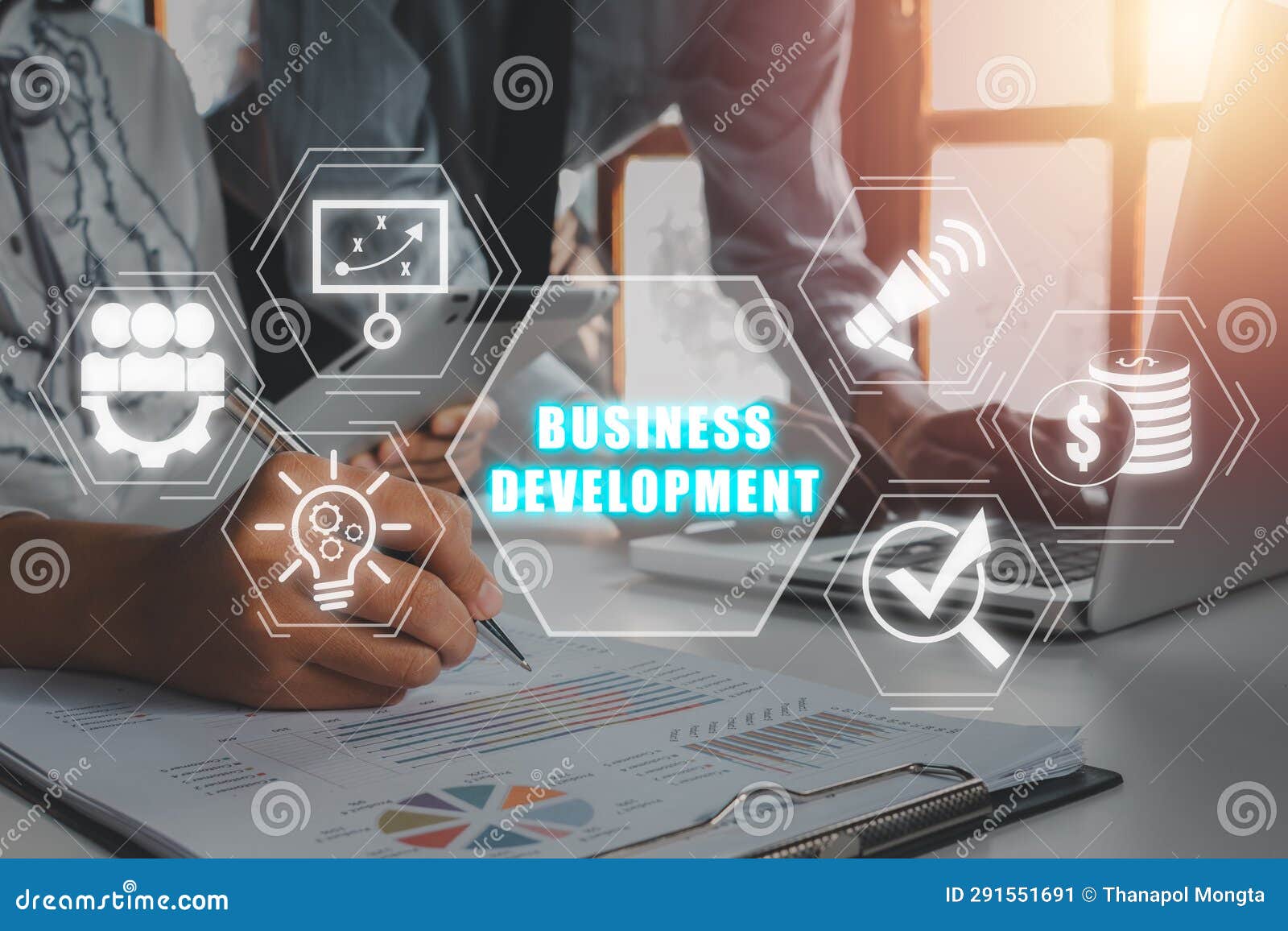 , Business Team Working on Laptop Computer and Business Paper with ...