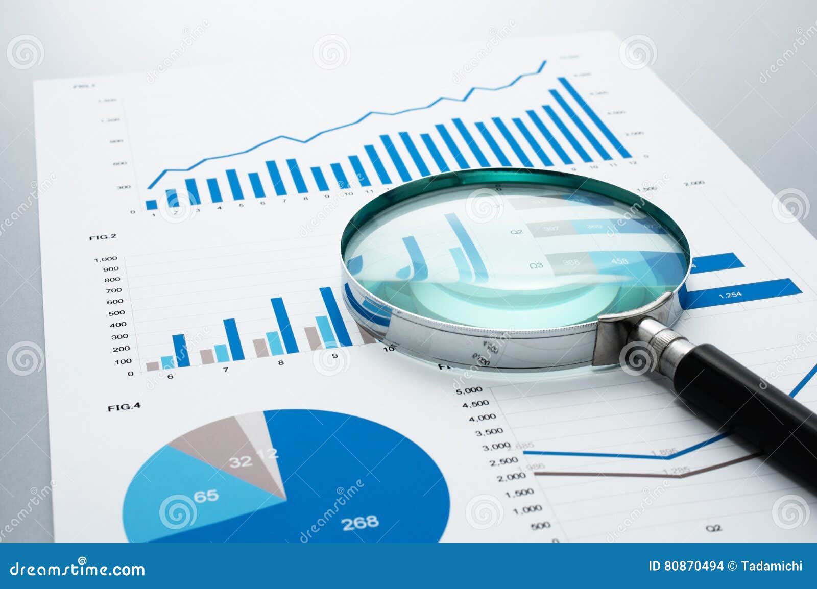 Business Document and Magnifying Glass on Gray Reflection Background ...