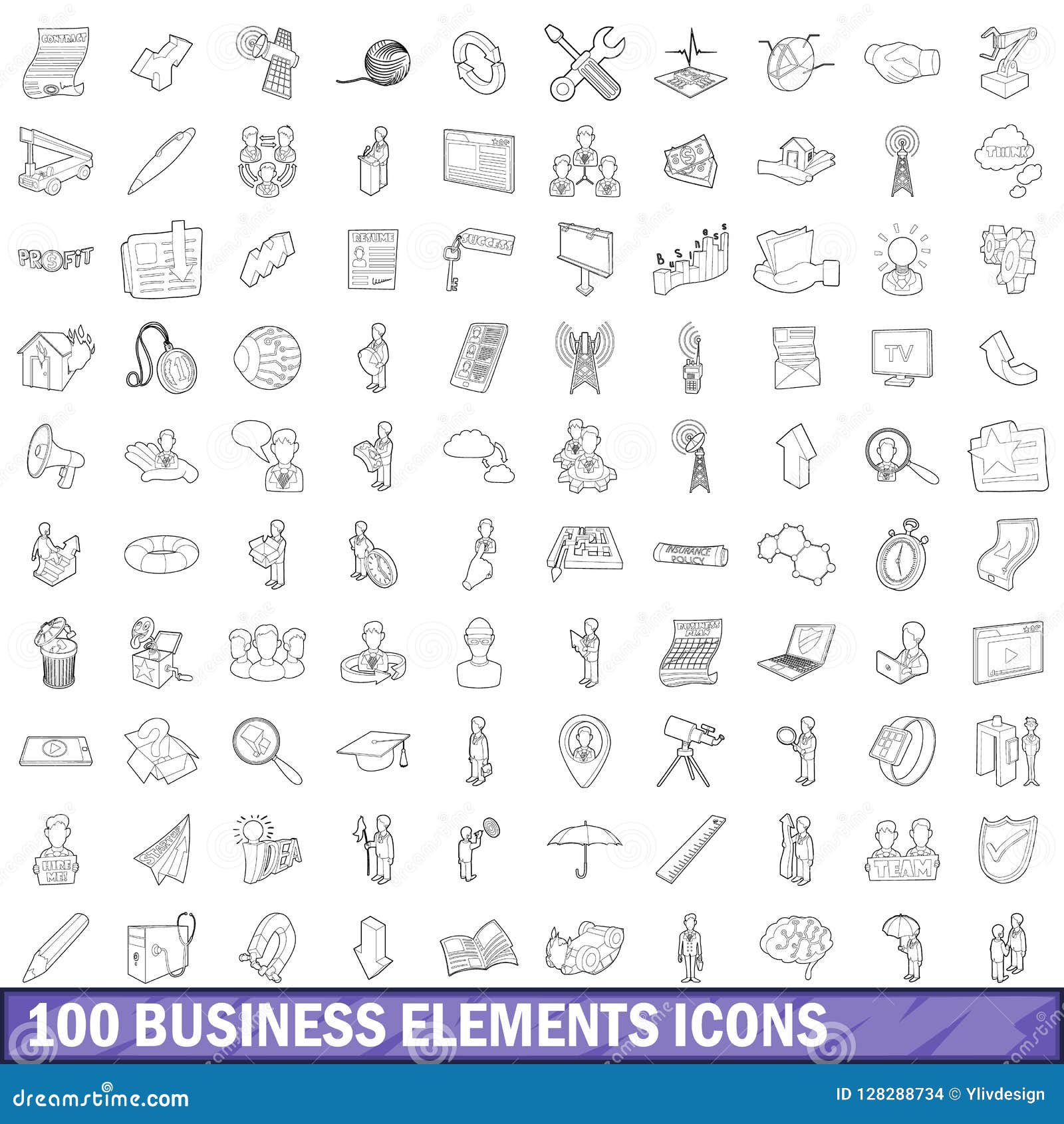 100 Business Elements Icons Set, Outline Style Stock Illustration ...