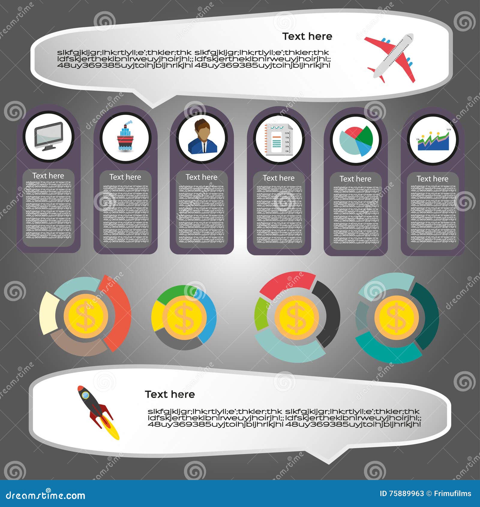 Business Elements Infographic with Icons, Charts and Money, Flat Design ...