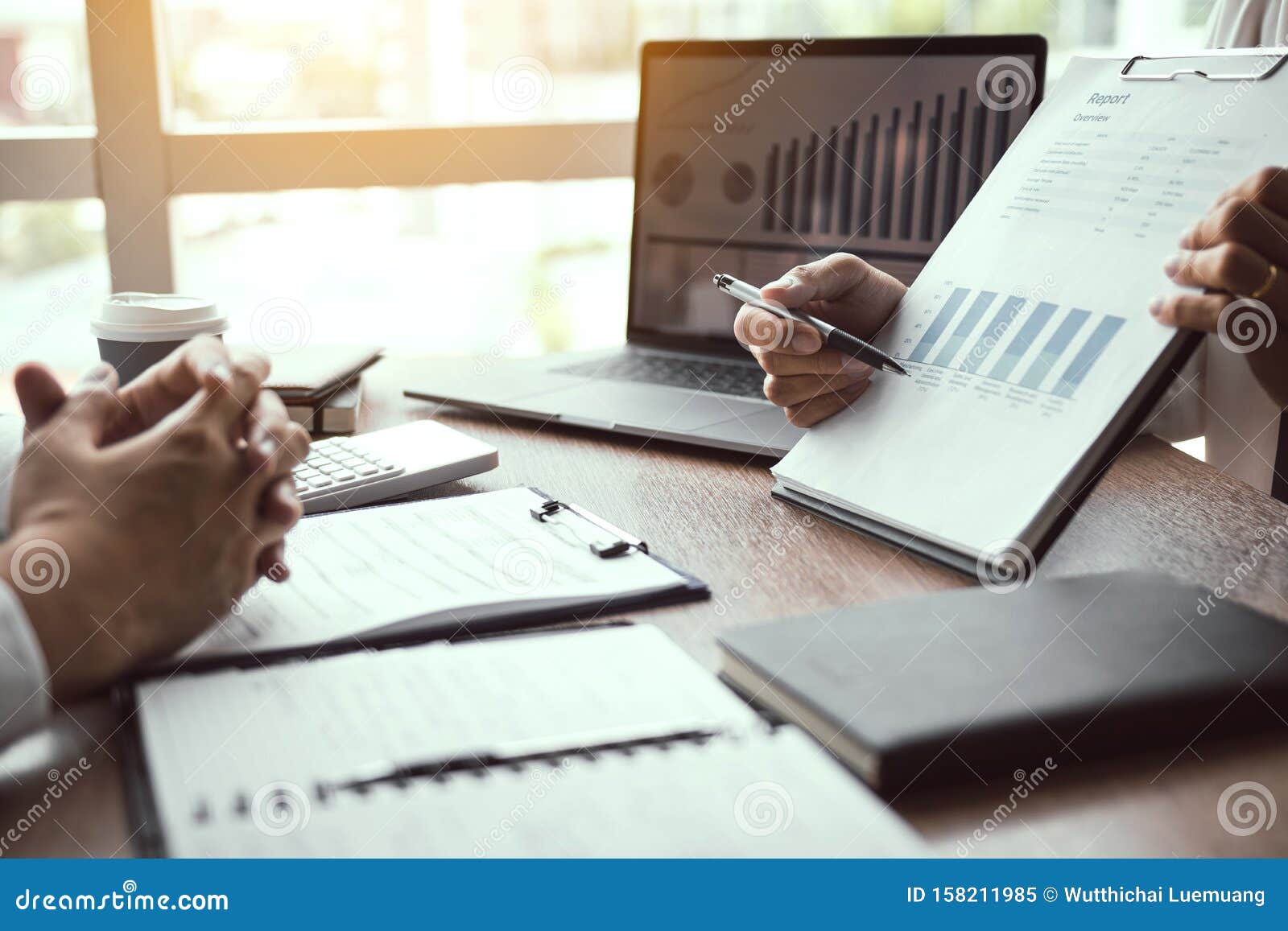 Business Employee Man are Reporting about Performance Graphs Summary ...