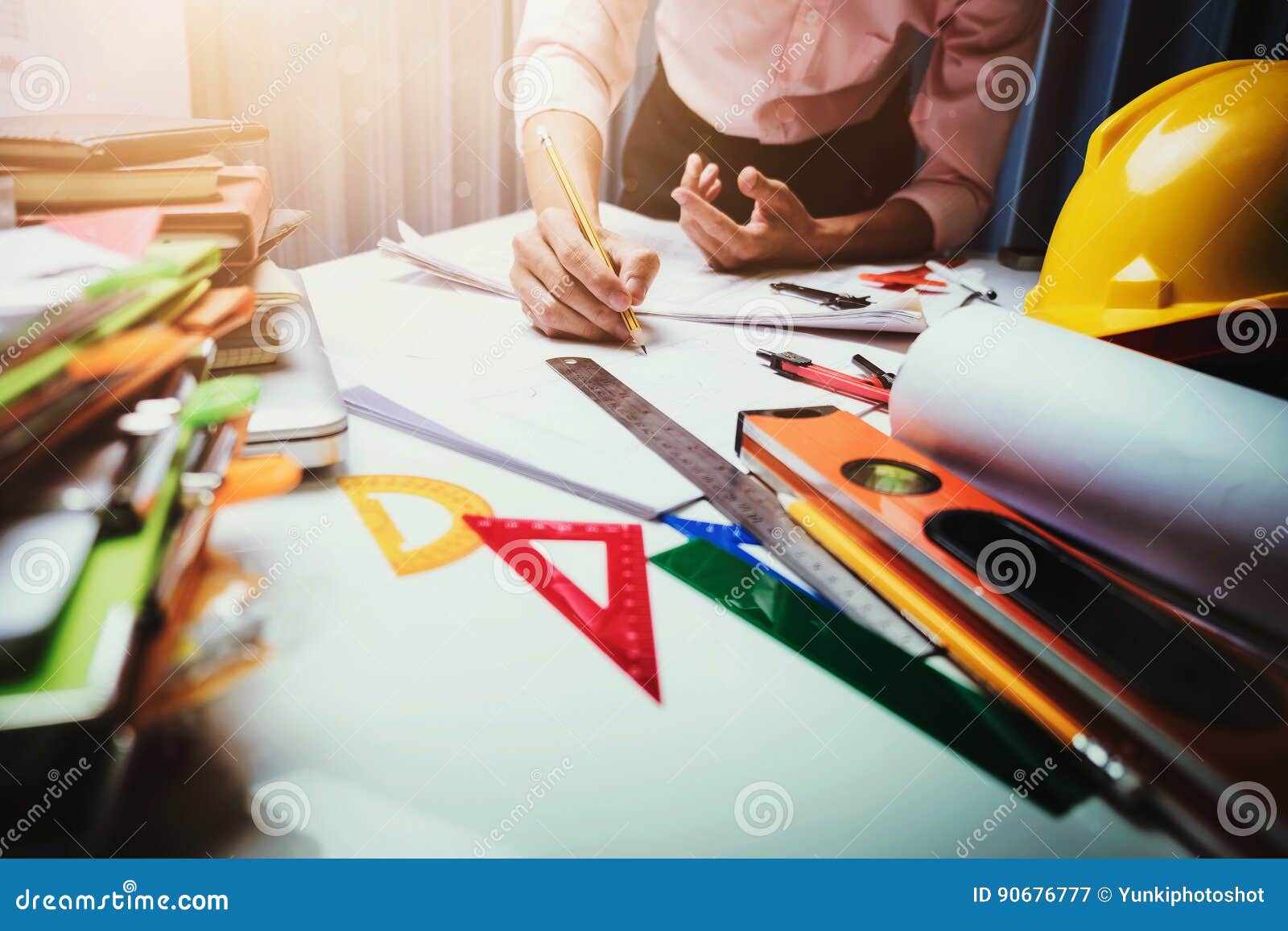 Business Engineer Contractor Working at His Desk Table in Office Stock ...