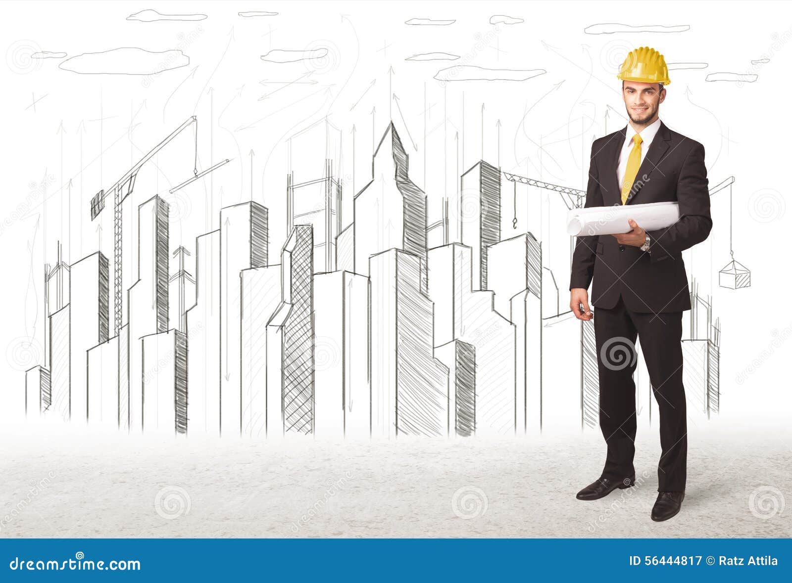 Business Engineer Man With Building City Drawing In Background Stock ...