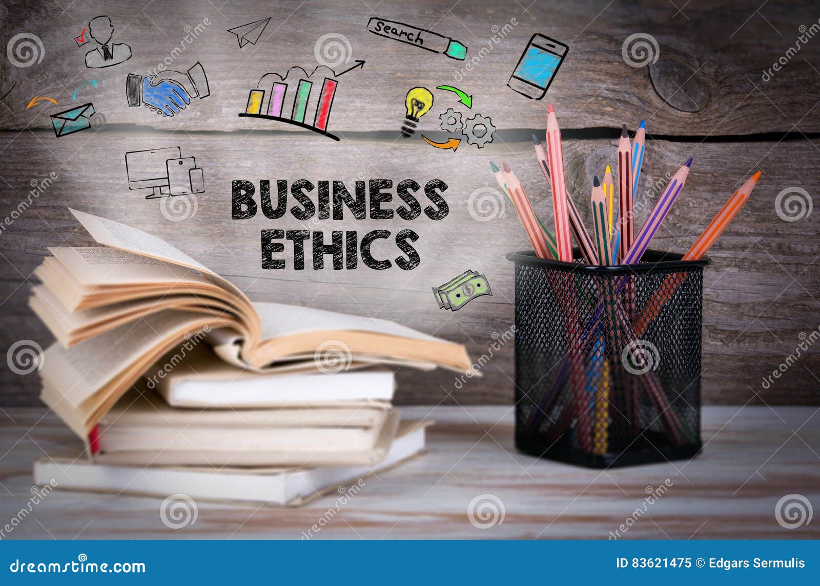 Business Ethics. Stack of Books and Pencils on the Wooden Table. Stock ...