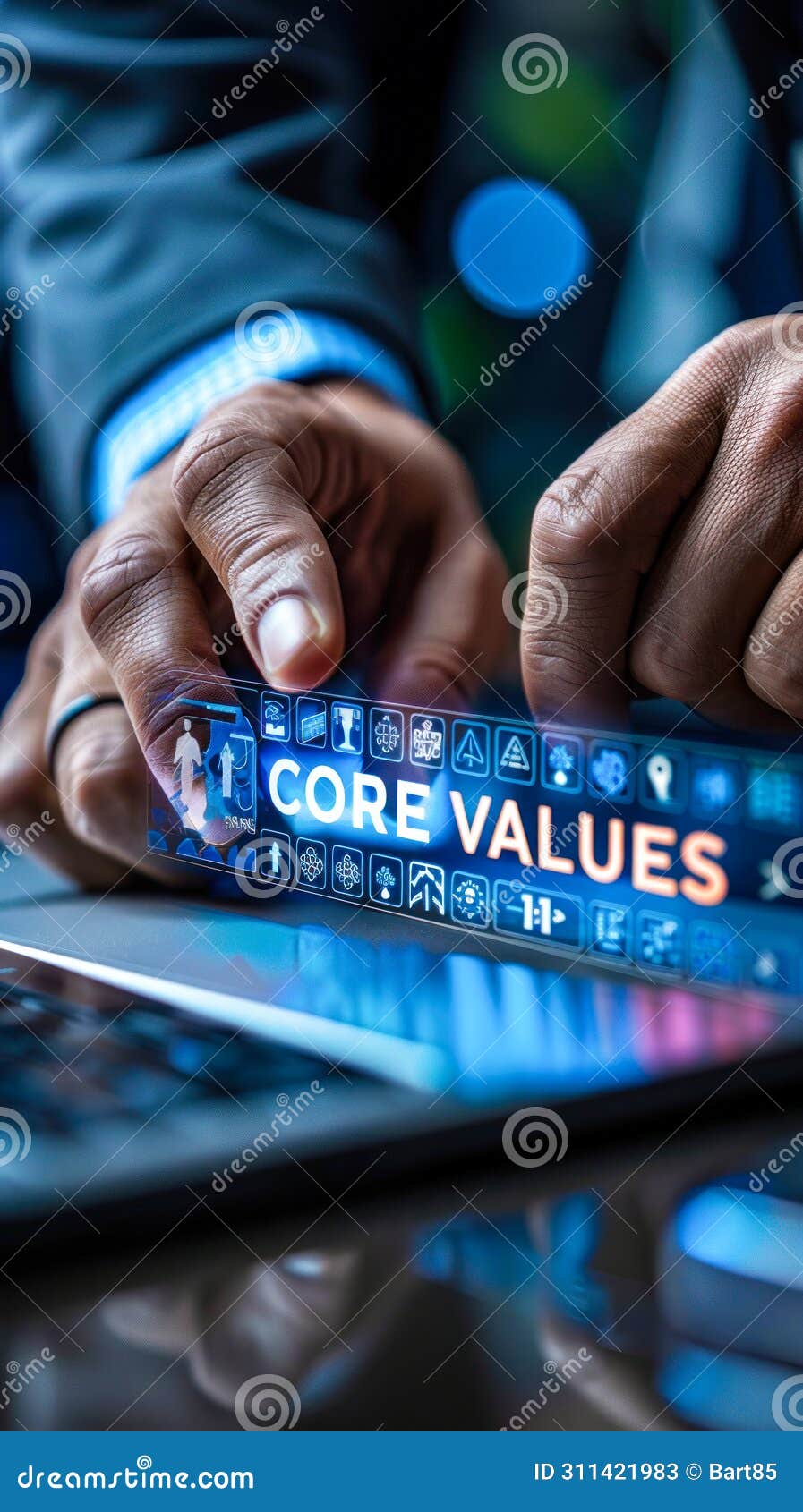 Business Executive Interfacing with a Digital Screen Highlighting Core ...