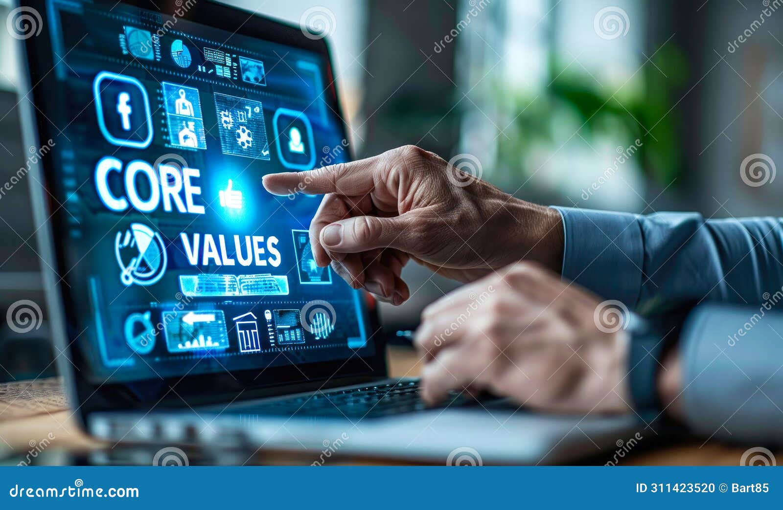 Business Executive Interfacing with a Digital Screen Highlighting Core ...