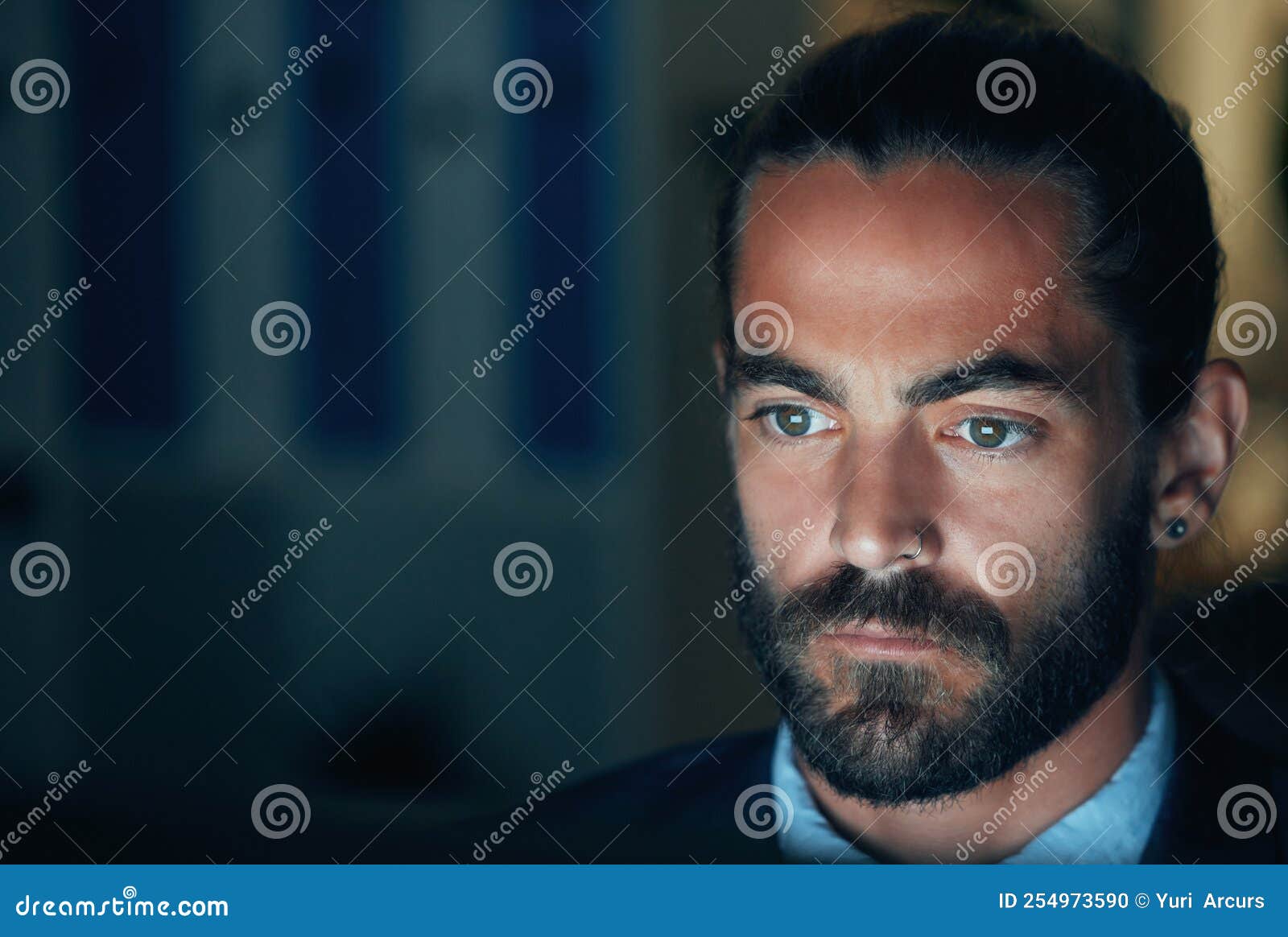 Business, Face and Developer Working at Night with a Vision for Success ...