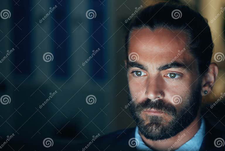 Business, Face and Developer Working at Night with a Vision for Success ...