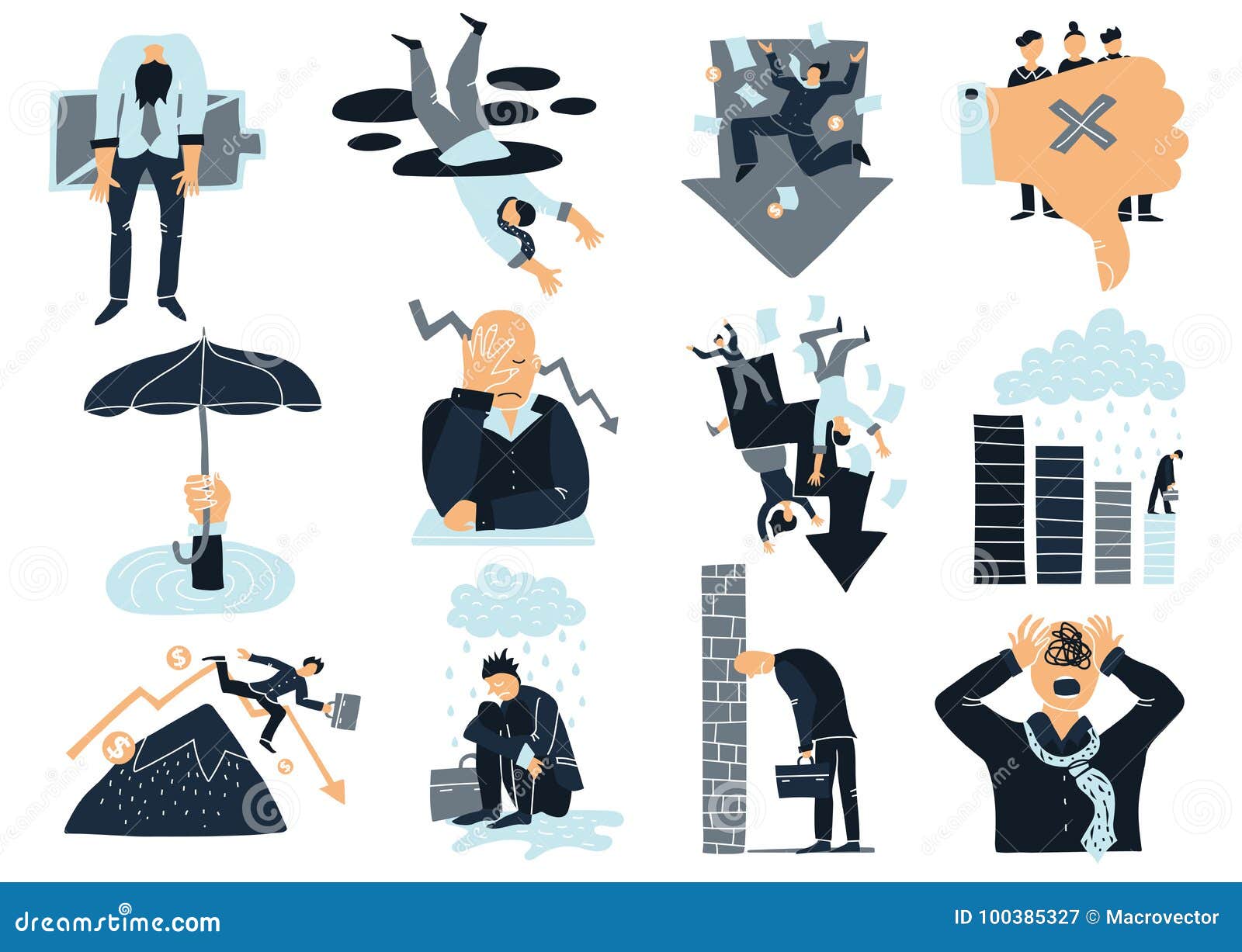 Business Failure Flat Icons Set Stock Vector - Illustration of ...