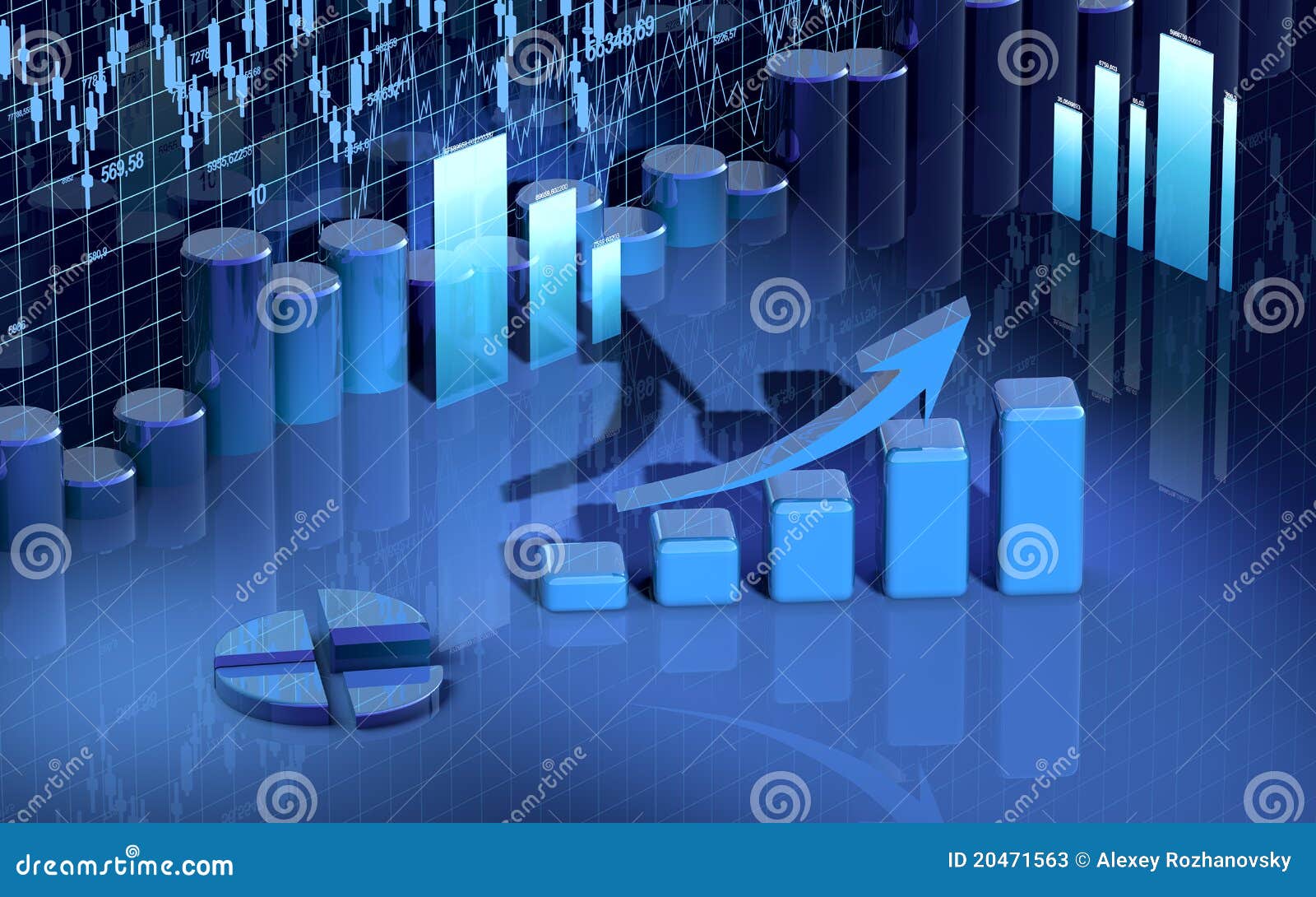 Finance Pie And Bar Chart Graphs With Growing Arrow Stock Image ...