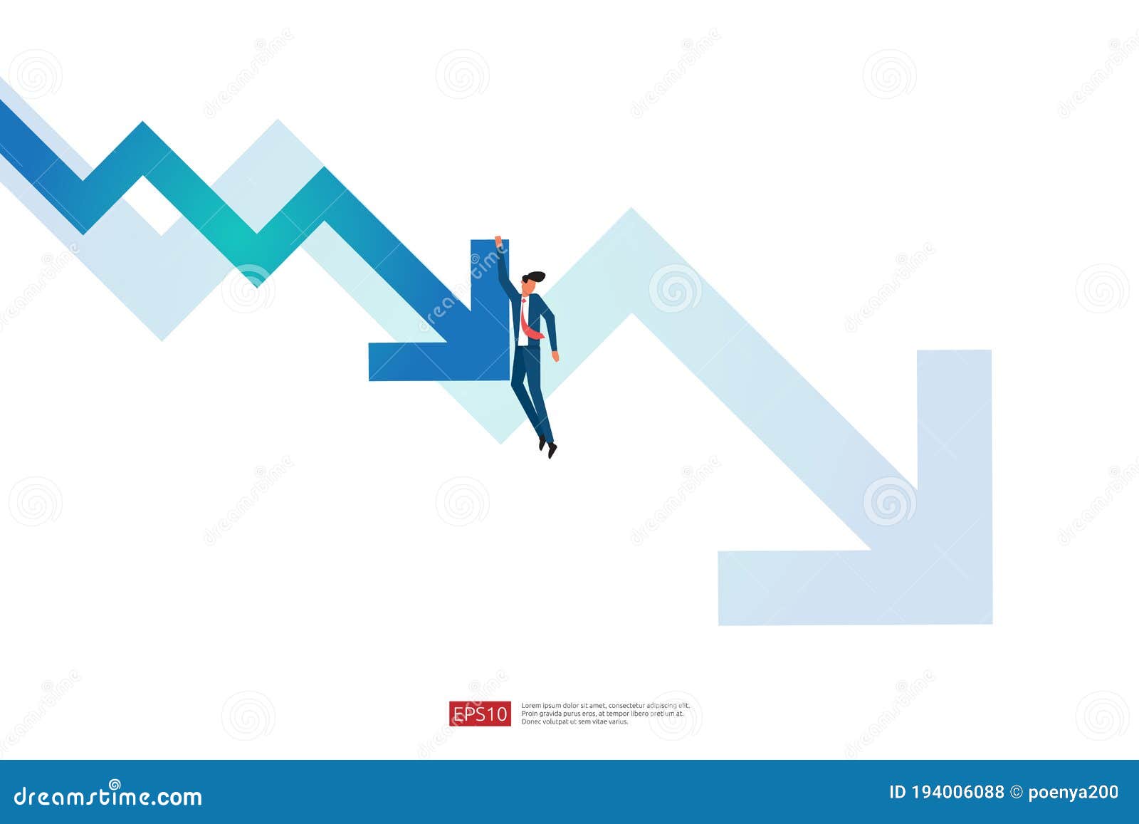 Business Finance Crisis Concept with Business Man Character. Money Fall Down with Arrow Decrease ...