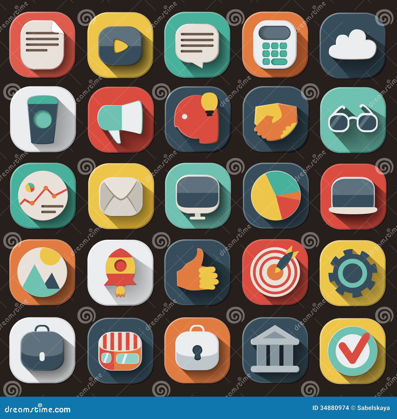 Business flat icons set stock vector. Illustration of document - 34880974