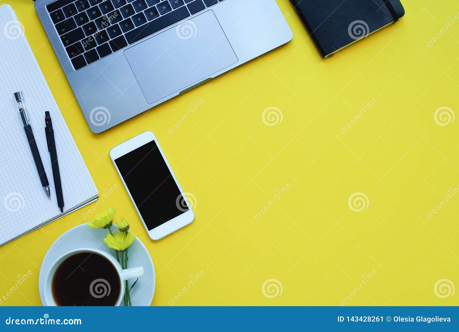 Business Flat Lay: Desk with Notebook, Pencil, Cup of Coffee on Yellow ...