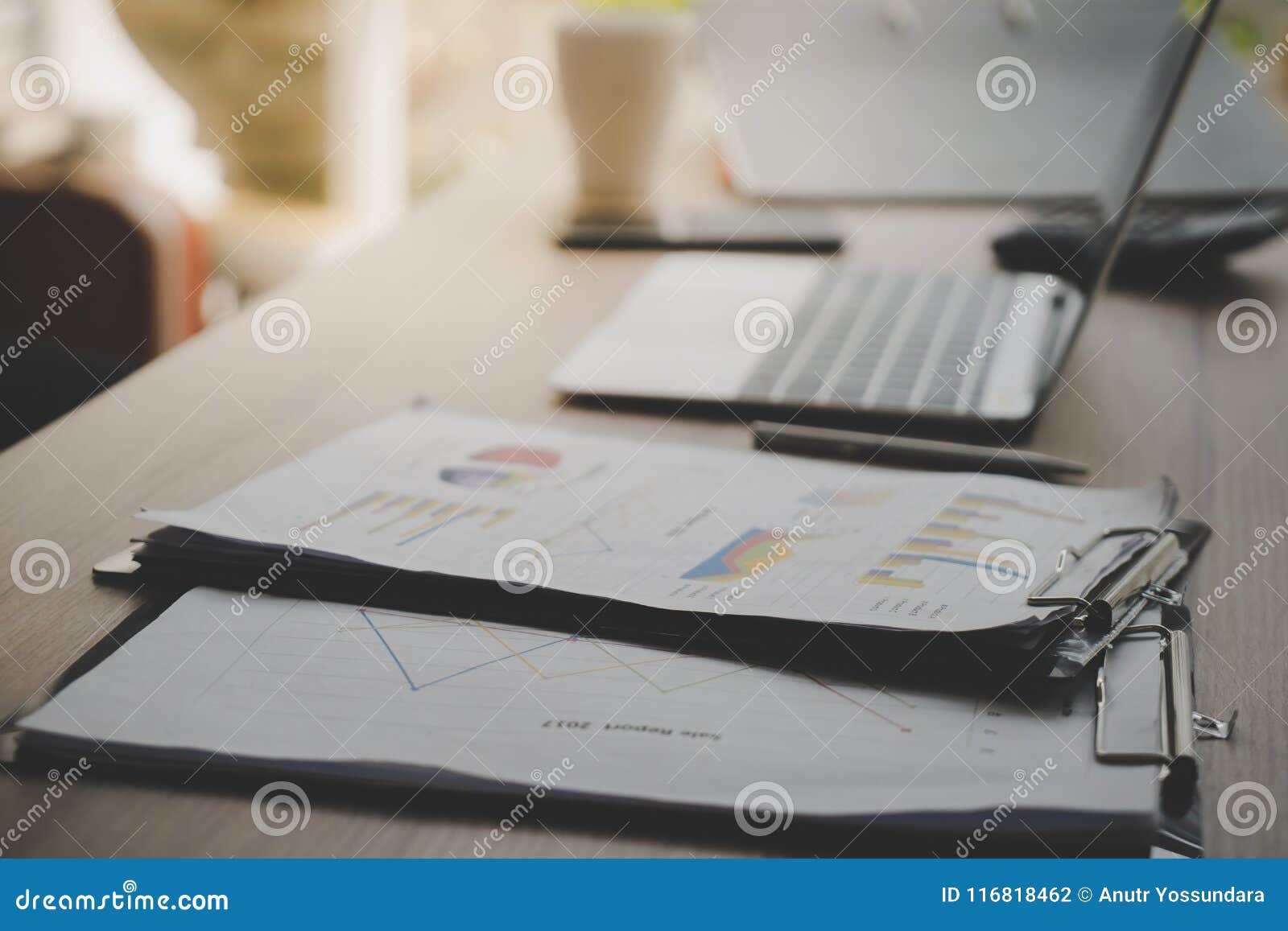 Business Folder Files and Laptop on Desk by Windows Stock Photo - Image ...