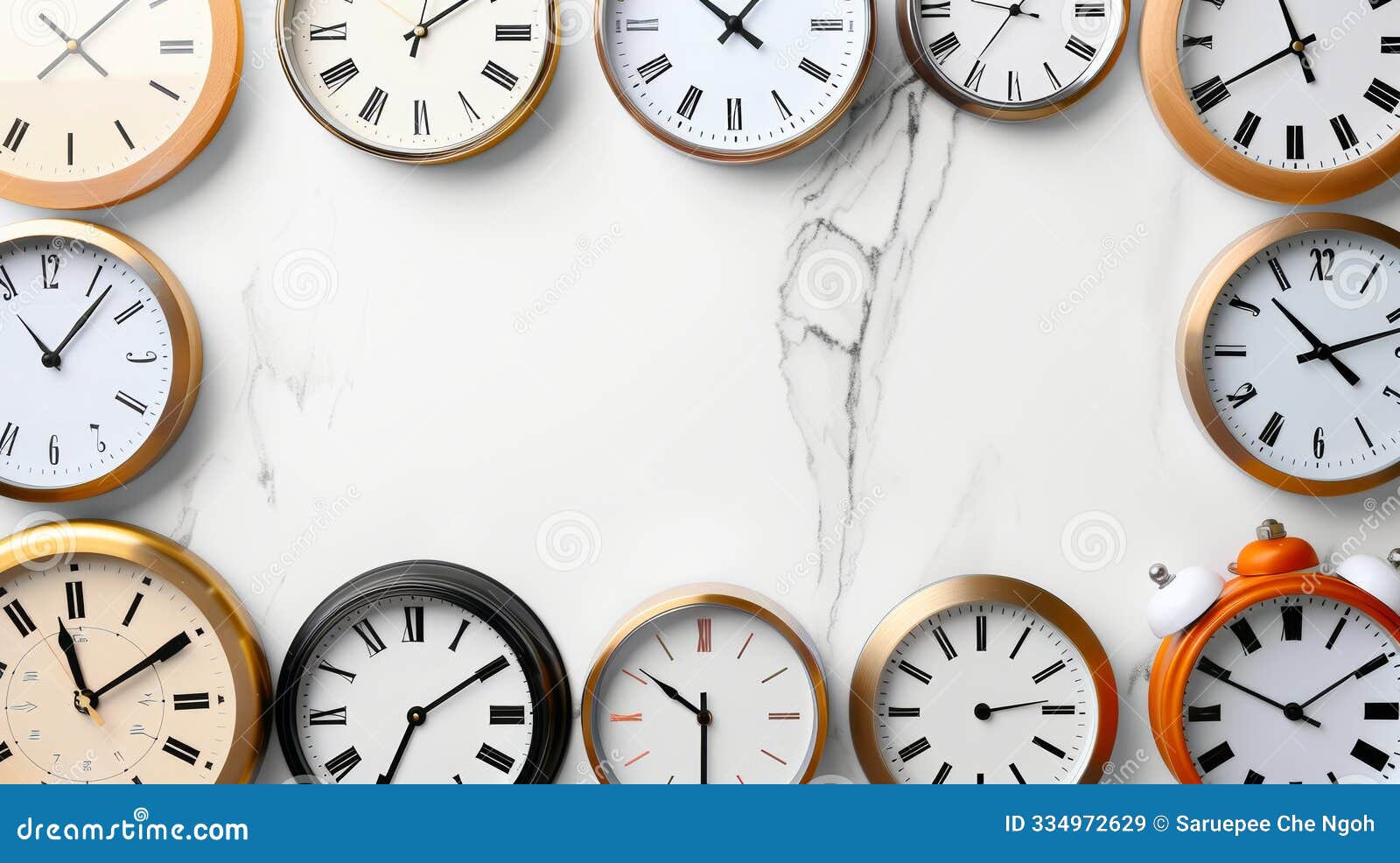 Business Frame with Assorted Clocks on White Marble Background Time ...