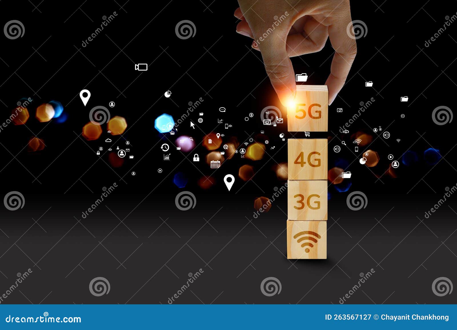 Hand Picks Up Wood Cube Block with Icon 5G Stock Image - Image of ...