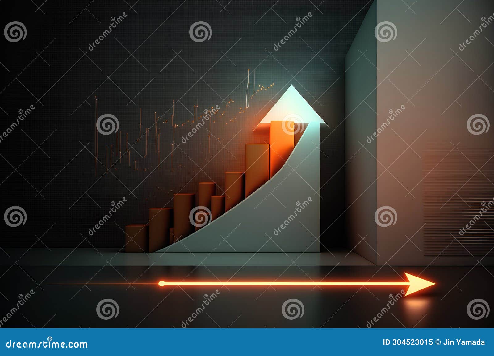 Business Graph with Arrow Up in Dark Room, 3d Render Illustration Stock ...