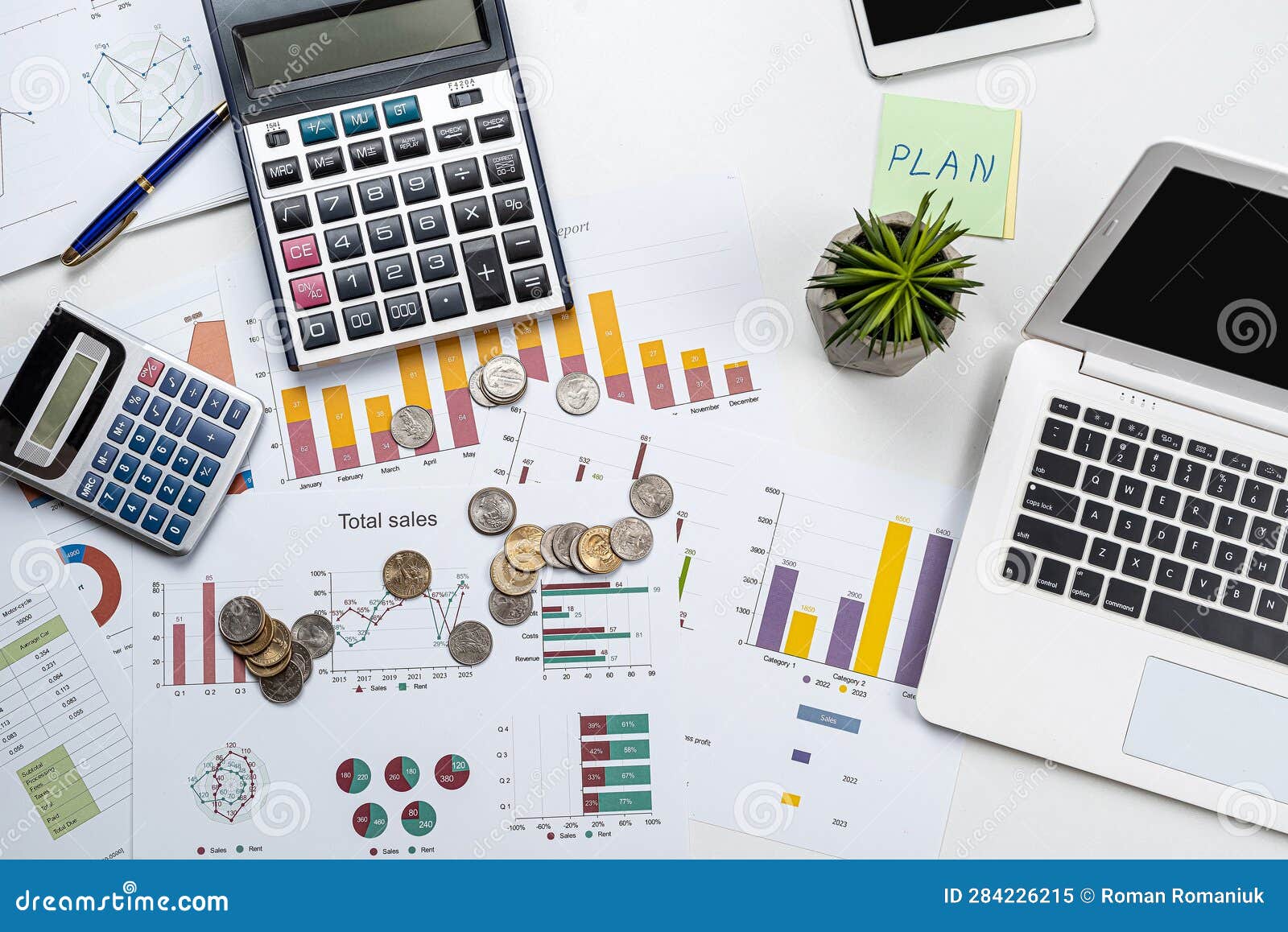 Business Graph or Chart Document with Stack Coins Money on Office Desk ...