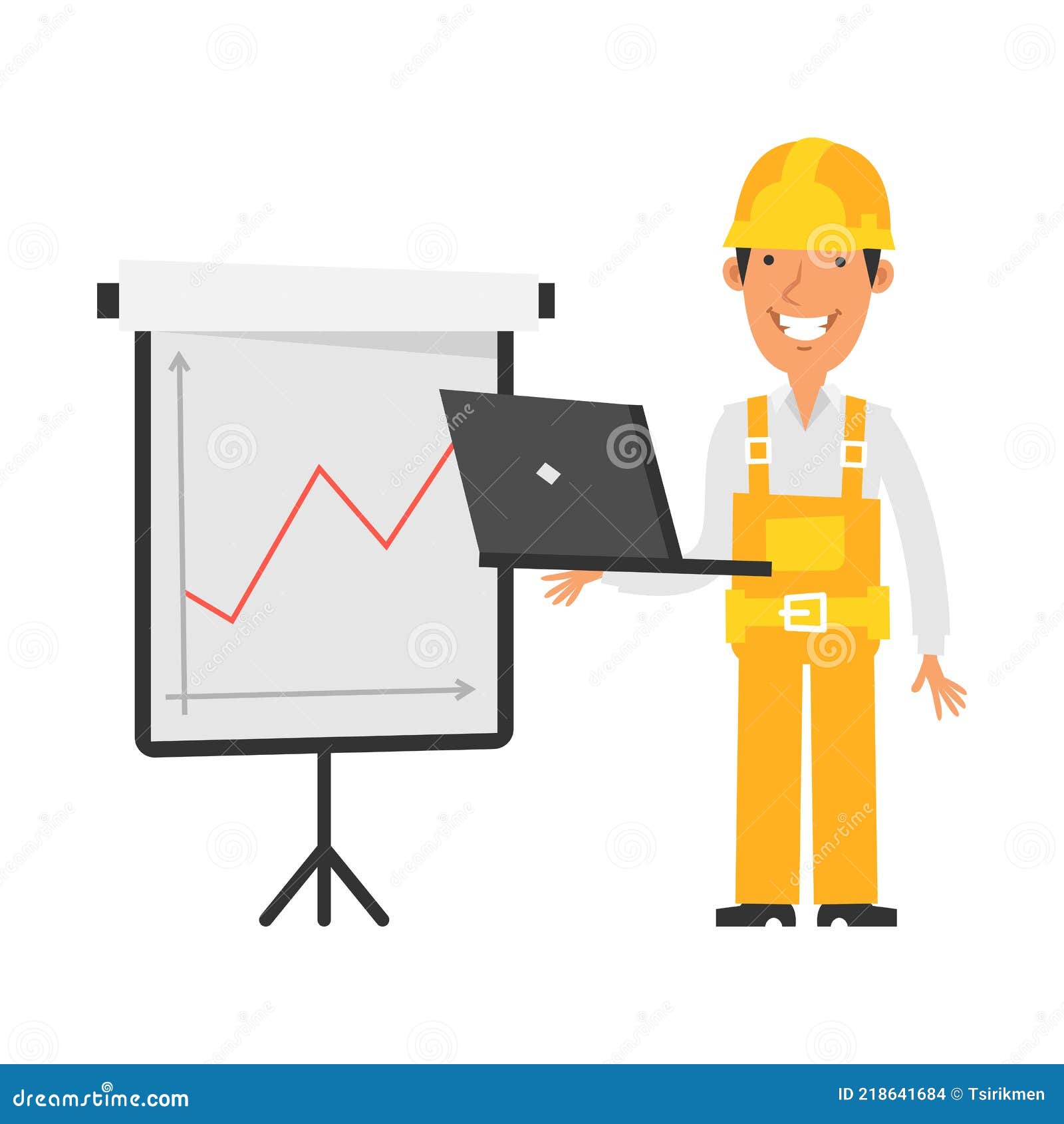 Business Graph with Positive Indicator. Builder Holds Laptop and Smiles ...