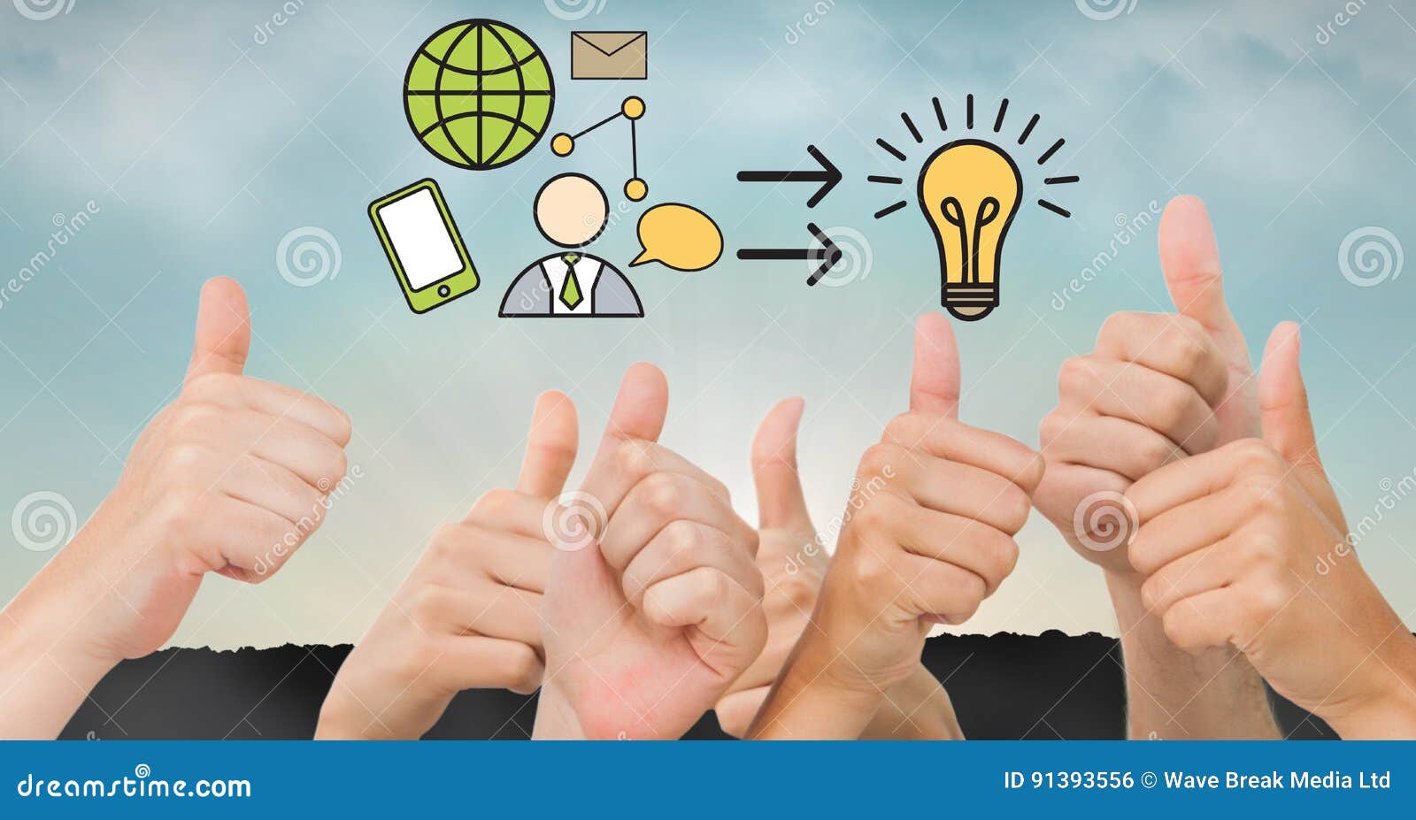 Business Graphics Over Hands Gesturing Thumbs Up Stock Illustration ...