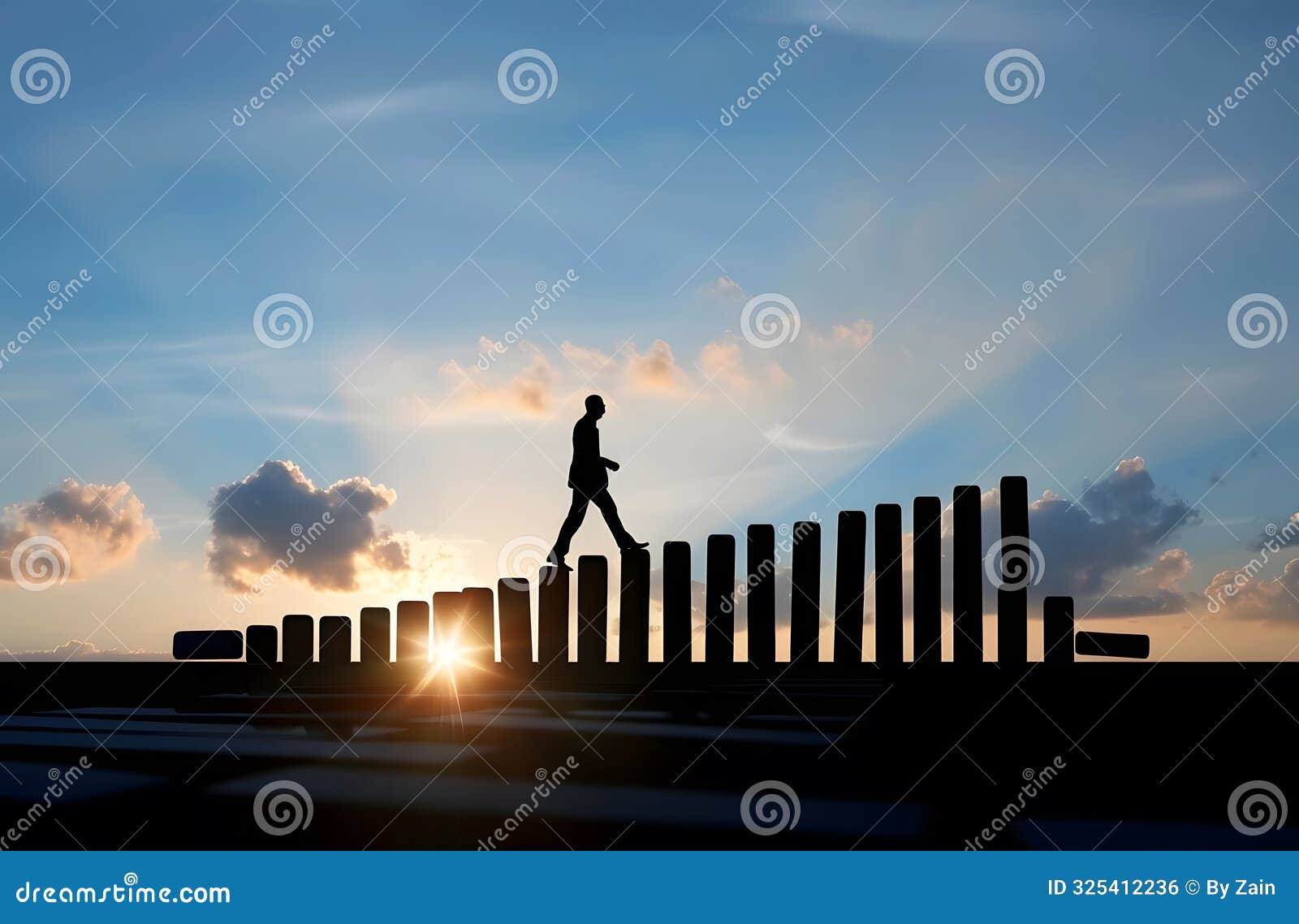 Business Growth and Challenges Concept with Man Walkingling Dominoes ...