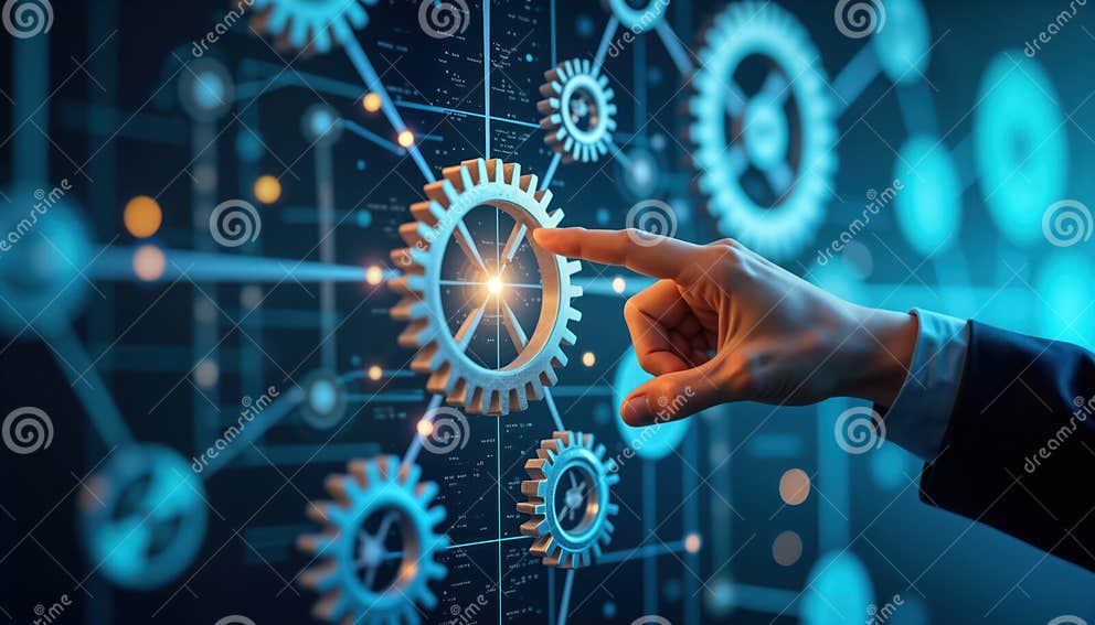 Business Hand Controls Digital Tech Gears. Optimization of Industrial Processes. High ...