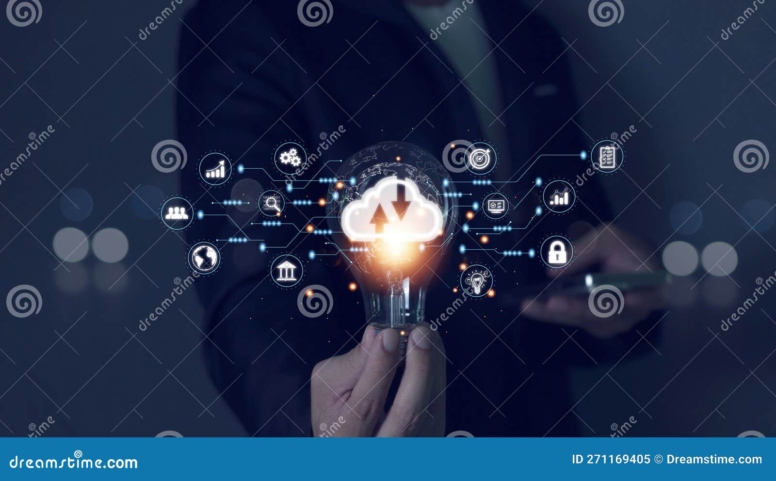 Business Hand Holding Light Bulb Virtual Popup Icon of Cloud Computing ...