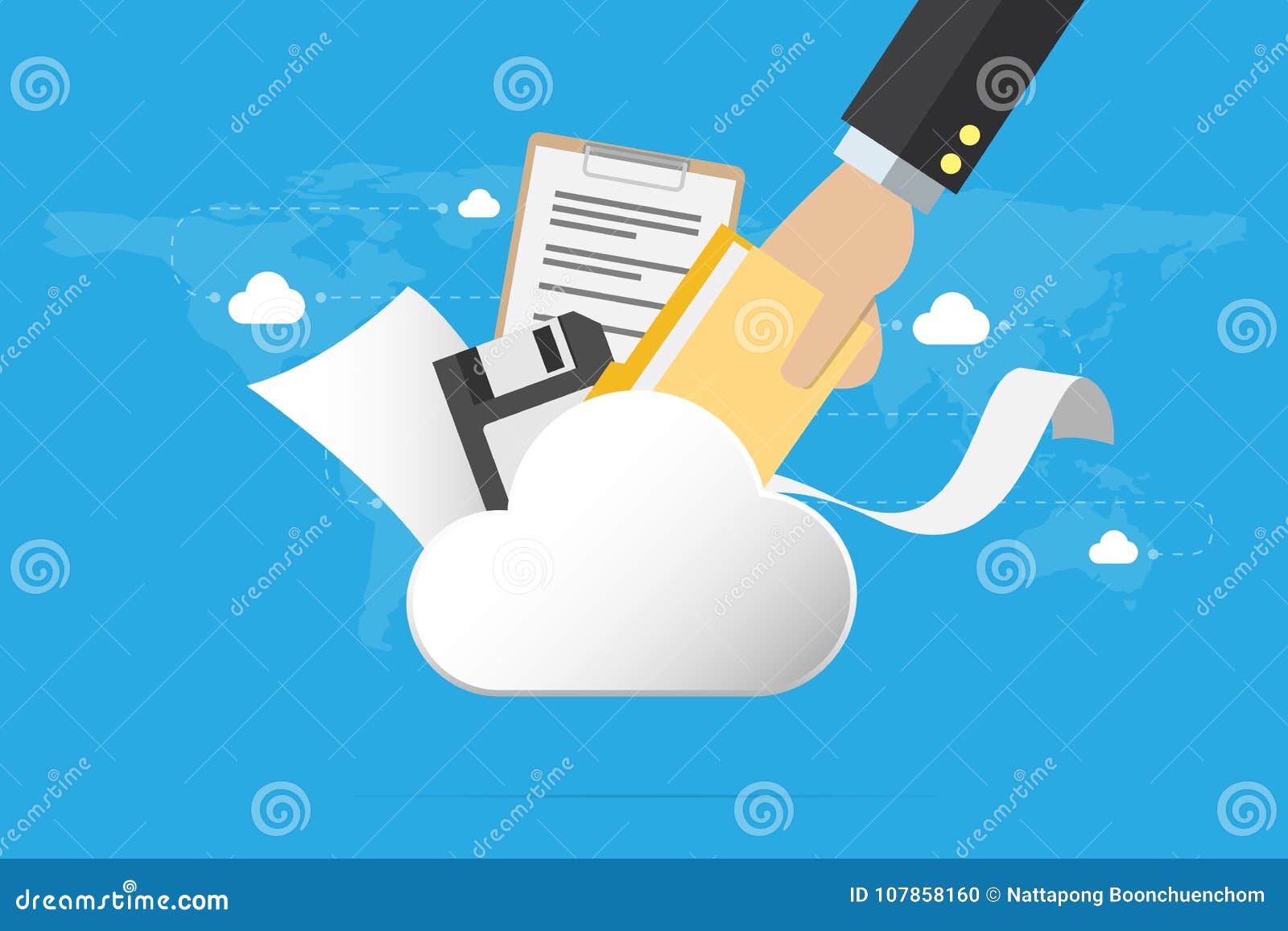 Business Hand Insert Document into the Cloud with Floppy Disk and ...