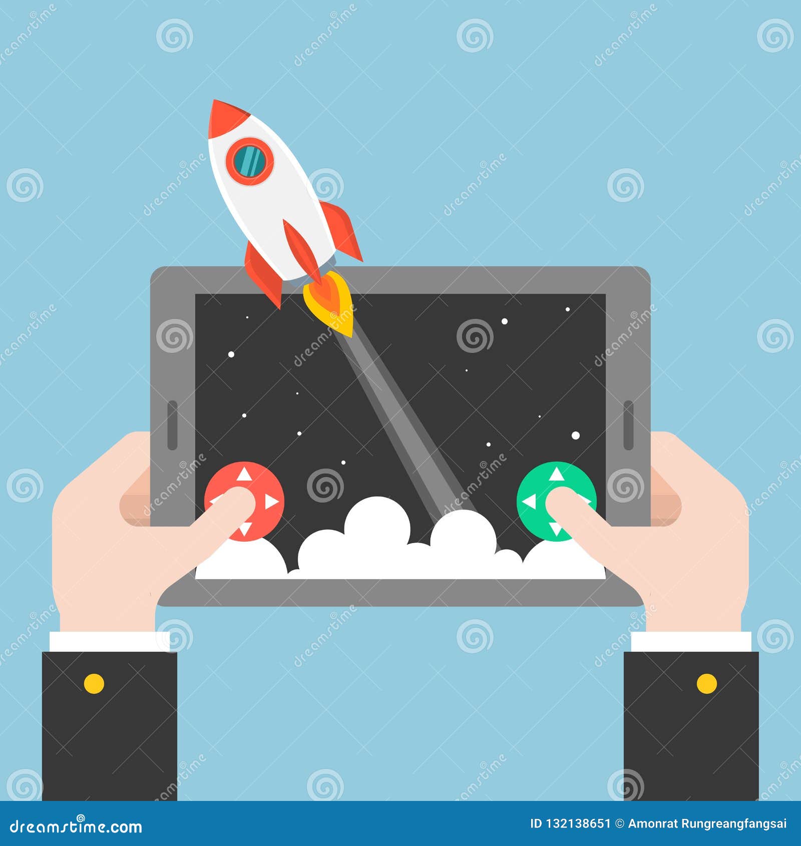 Business Hand Launching Rocket from Tablet or Smart Phone, Start Stock ...