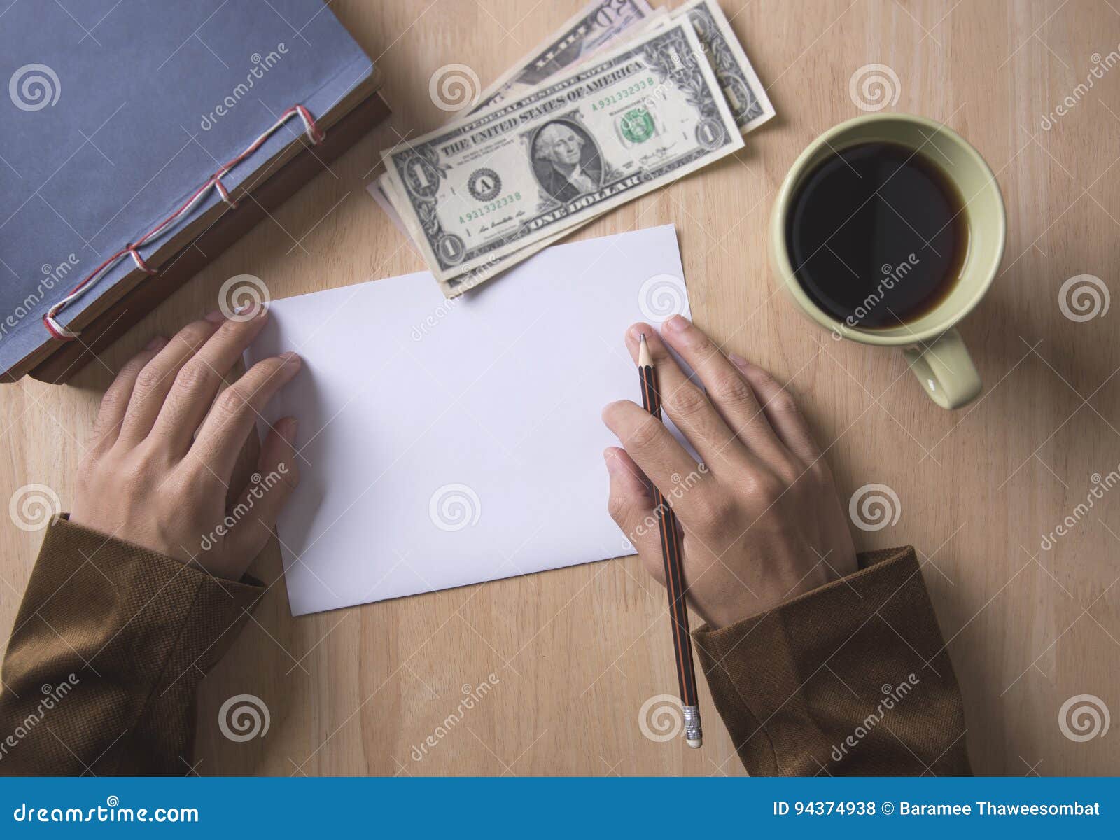 Business Hand and Note Paper on Wood Table Office. Stock Photo - Image ...