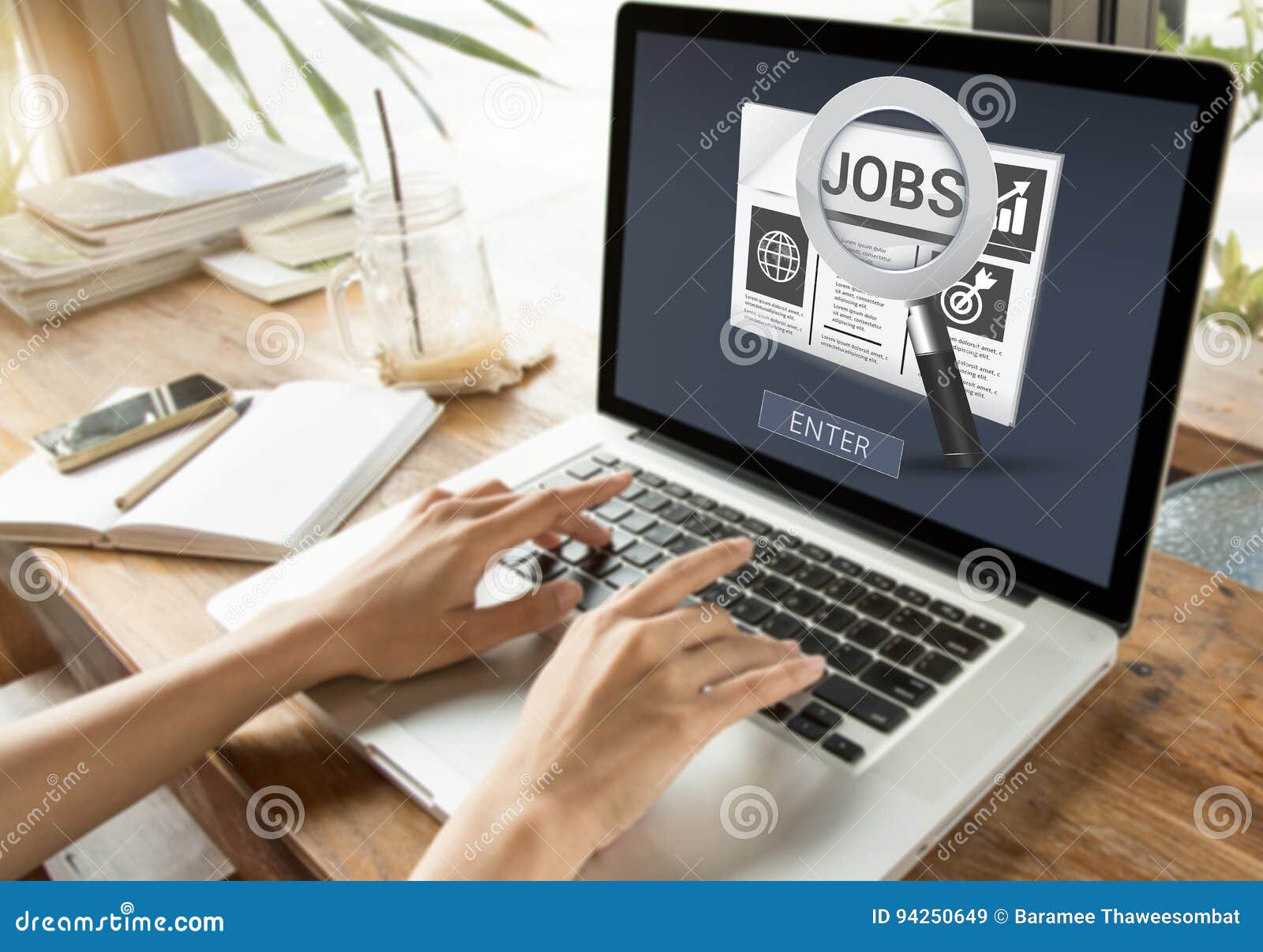 Business Hand Using Computer Notebook with Job Search Web Stock Image ...