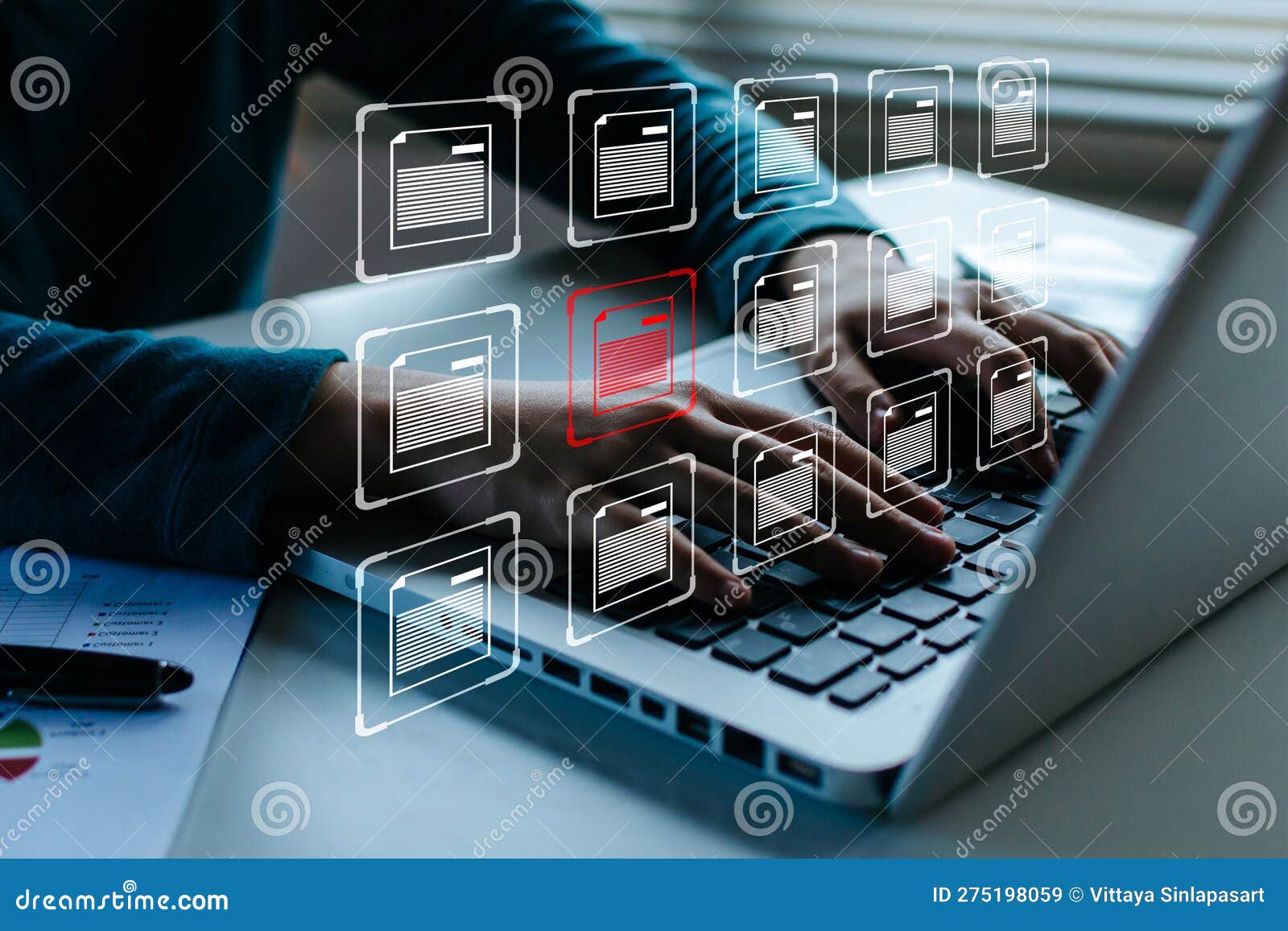 Business Hand Using Laptop Computer with Virtual Graphic Icon on Desk ...