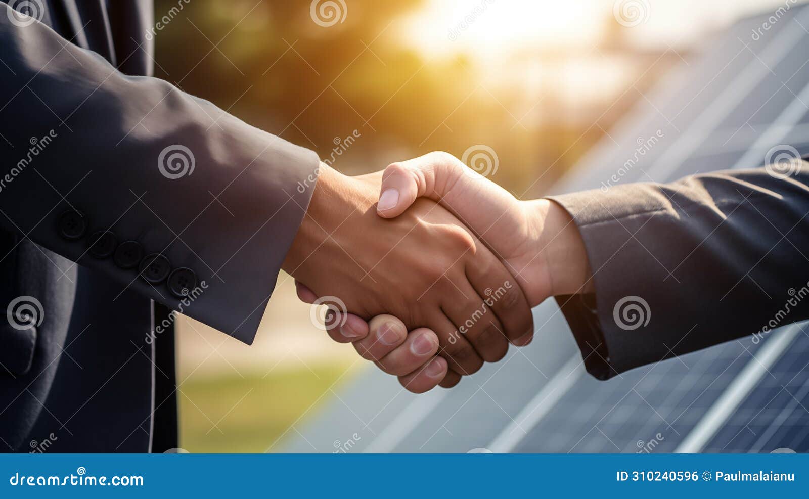 Business Handshake Closeup, in the Background are the Projects of Solar ...