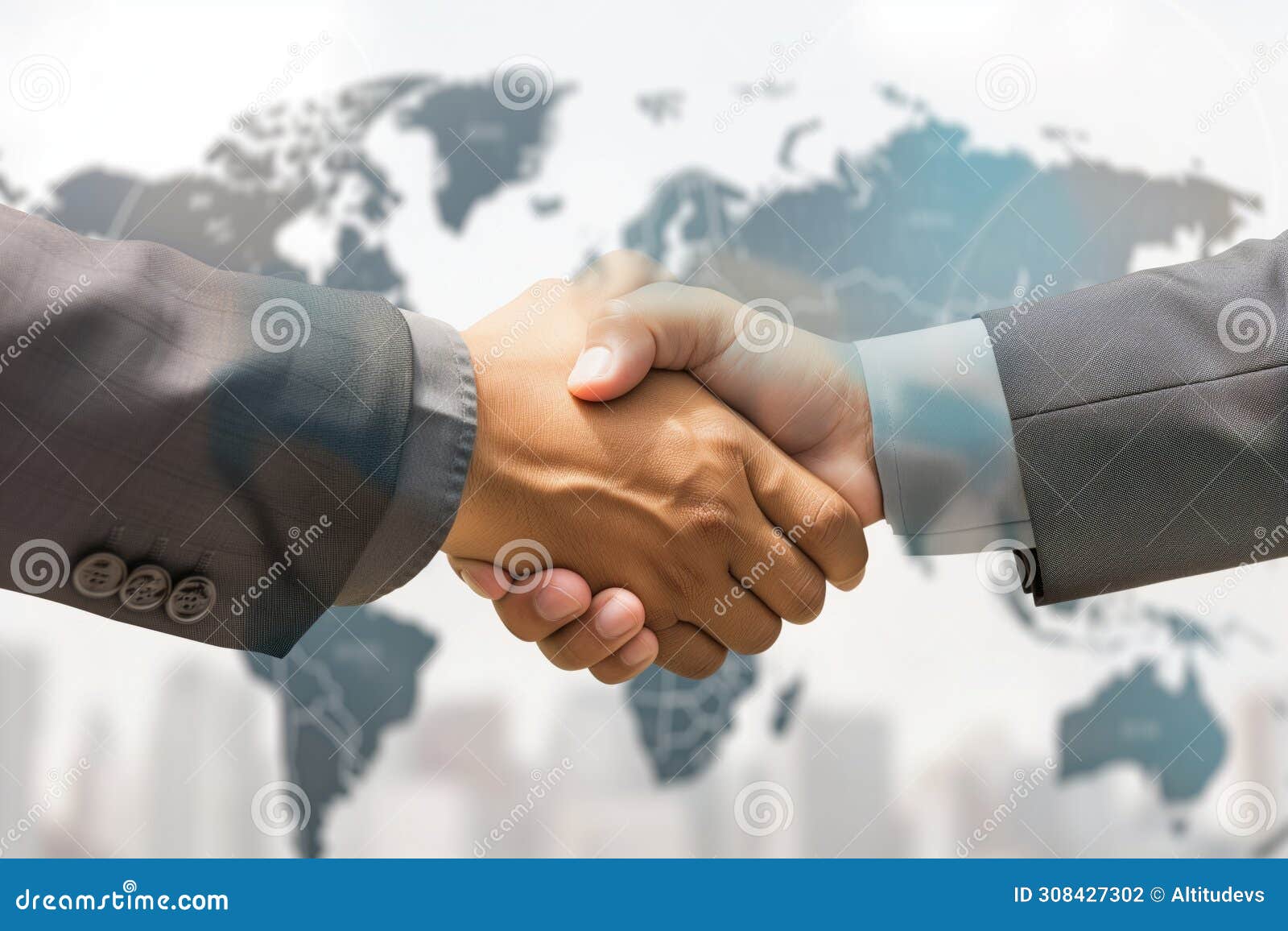 Business Handshake with Global Map Blended into Background Stock Photo ...