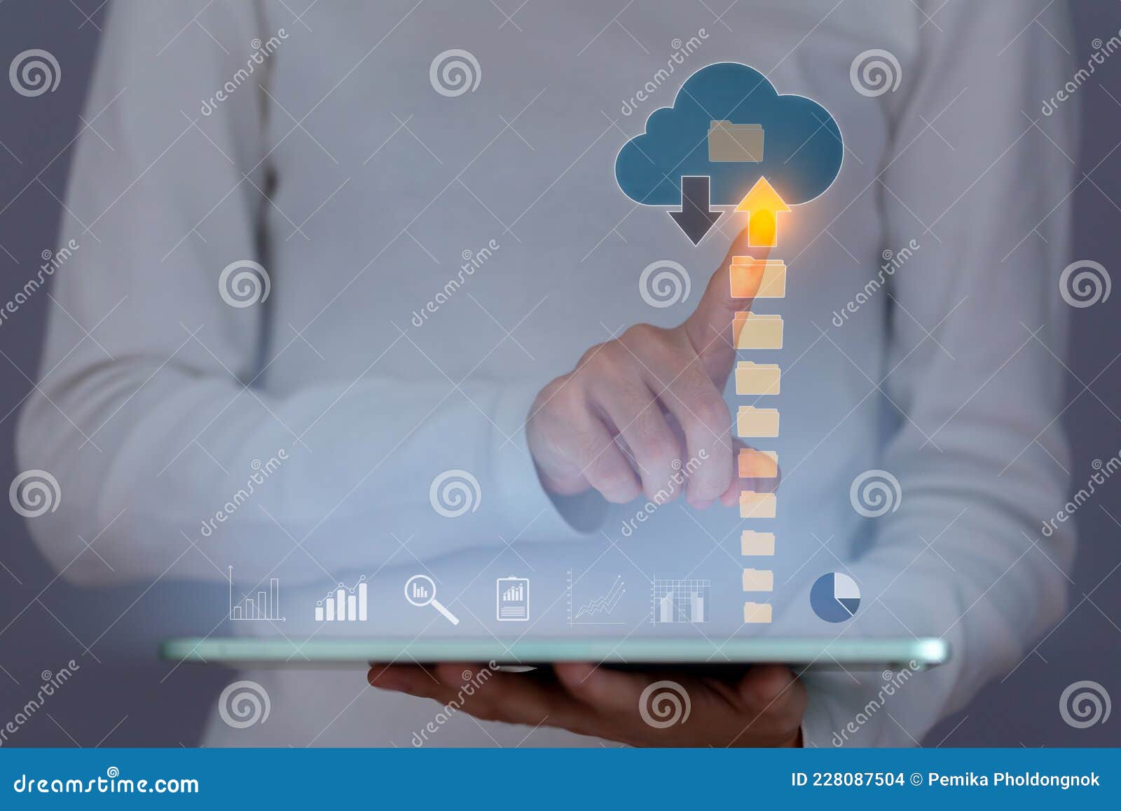 Business Human Doing Cloud Uploading on Tablet, Business Infographics ...