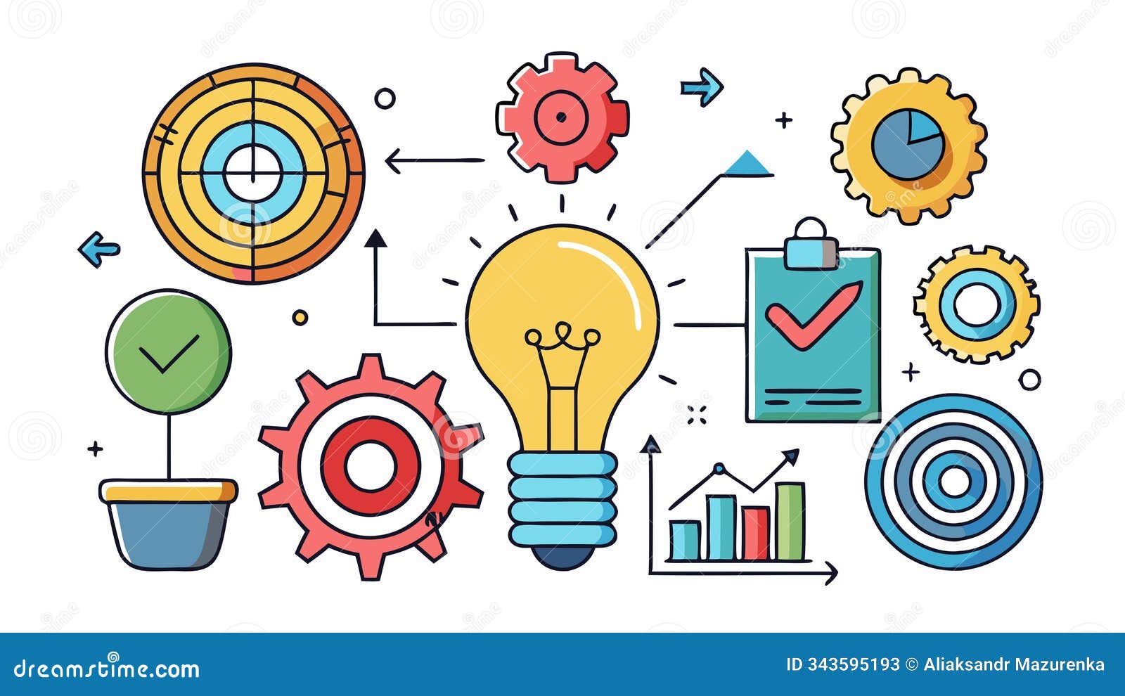 Business Idea Icons with Outline Light Bulb, Target, Graph, Gear and ...