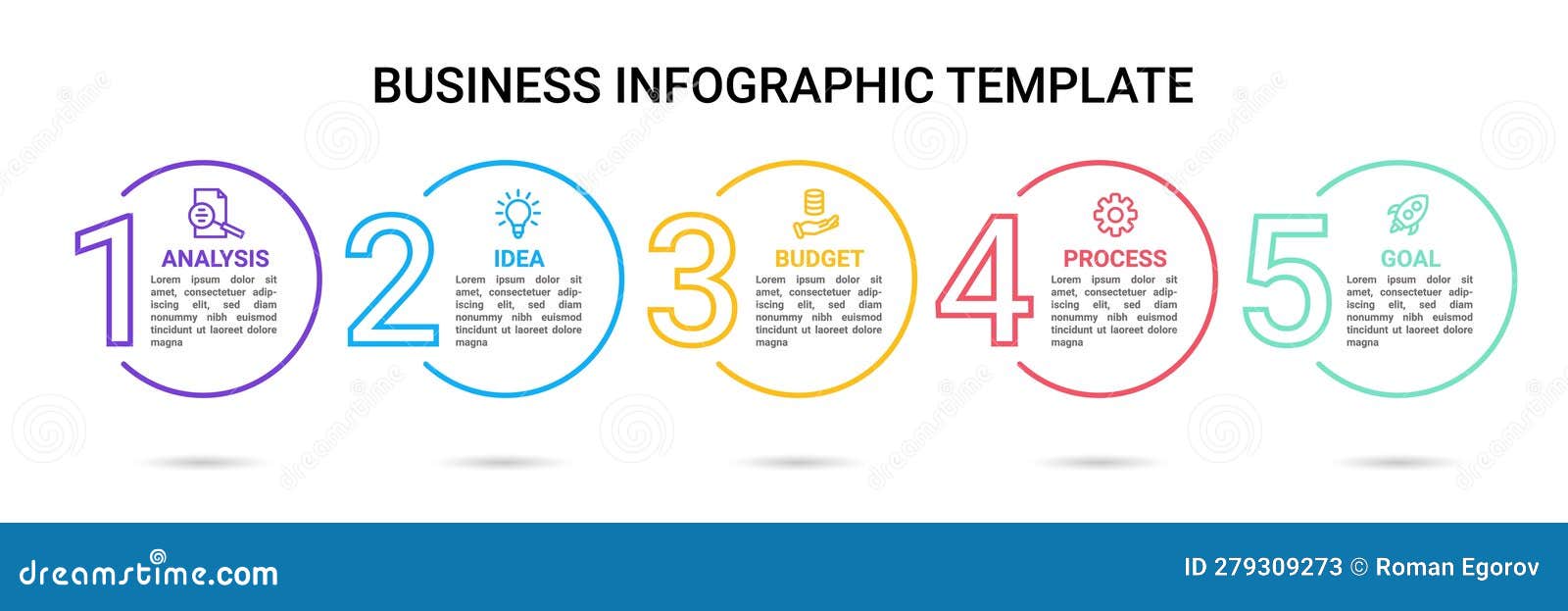 Business Infograph. 5 Steps. Work Process. Numbers in Circle Line Icons ...
