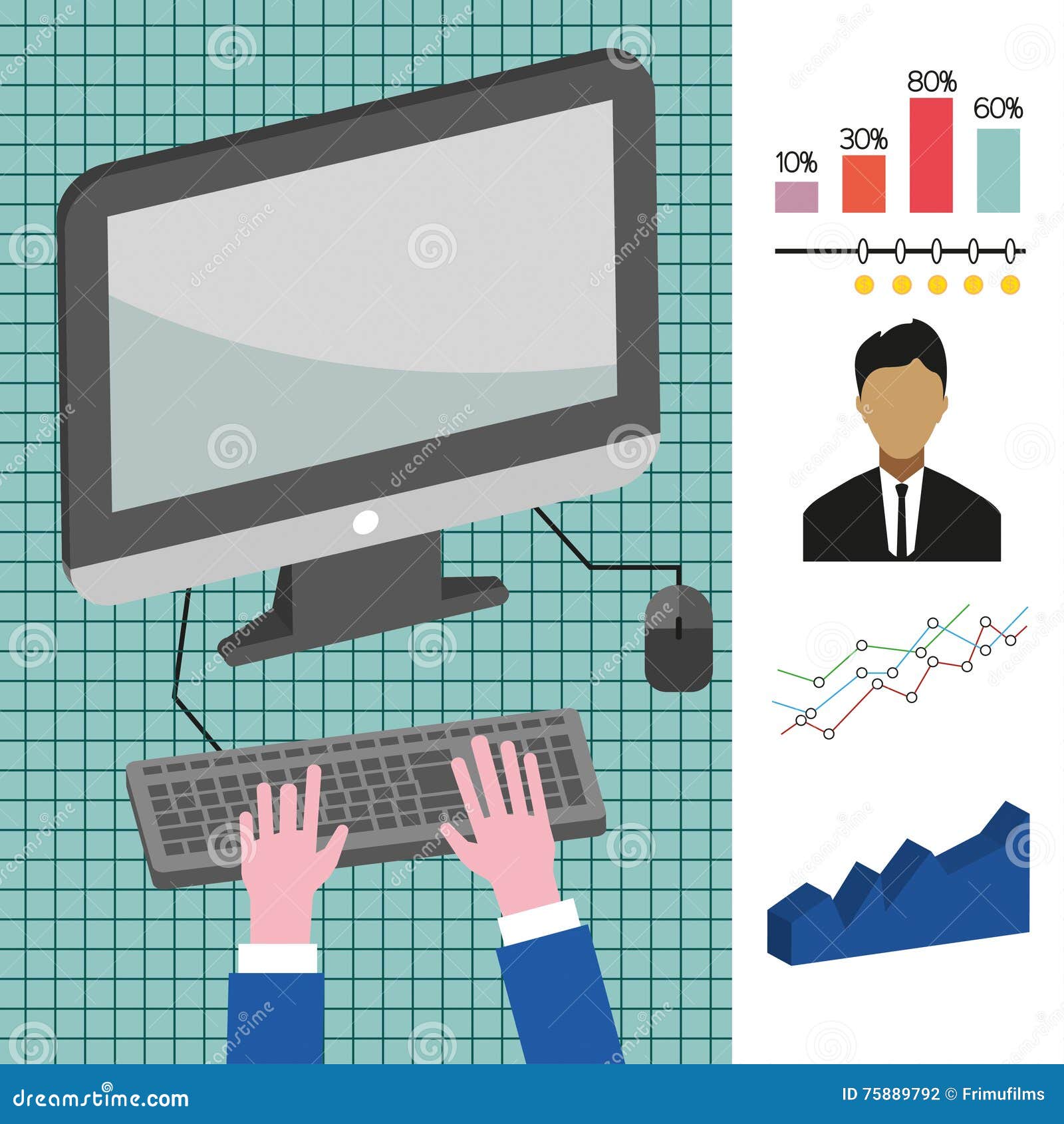 Business Infographic with Computer, Person, Charts and Badge, Flat ...